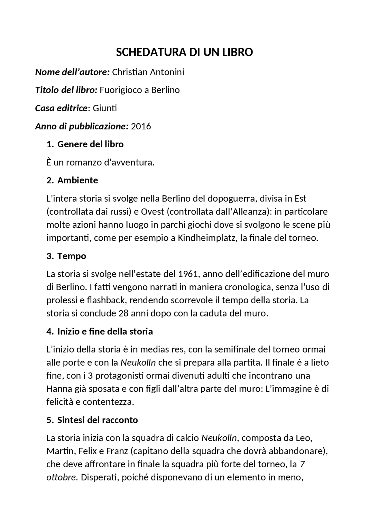 Schedatura Fuorigioco A Berlino Sintesi Del Corso Di Italiano Docsity