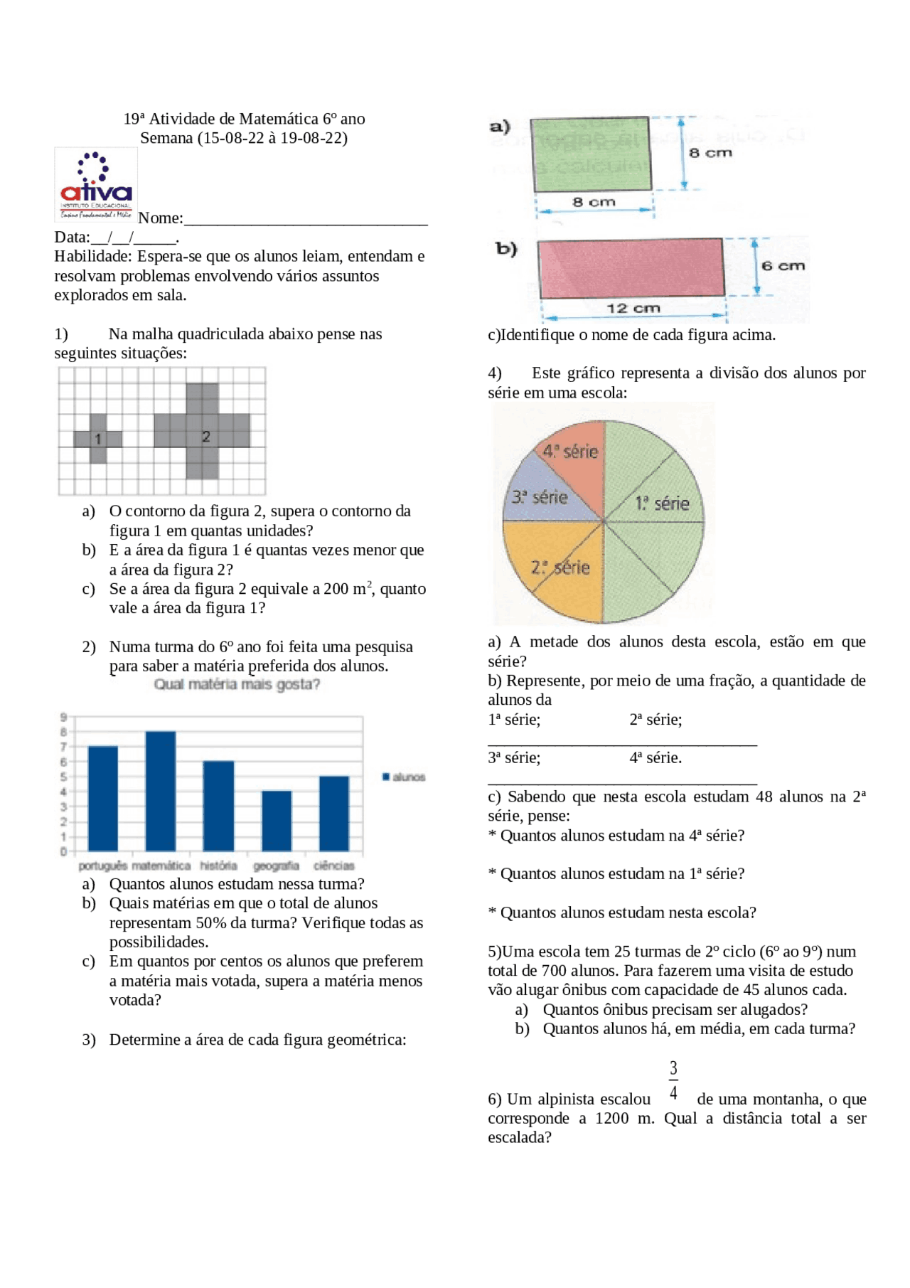 Atividade de Matemática 6º ano | Exercícios Matemática | Docsity