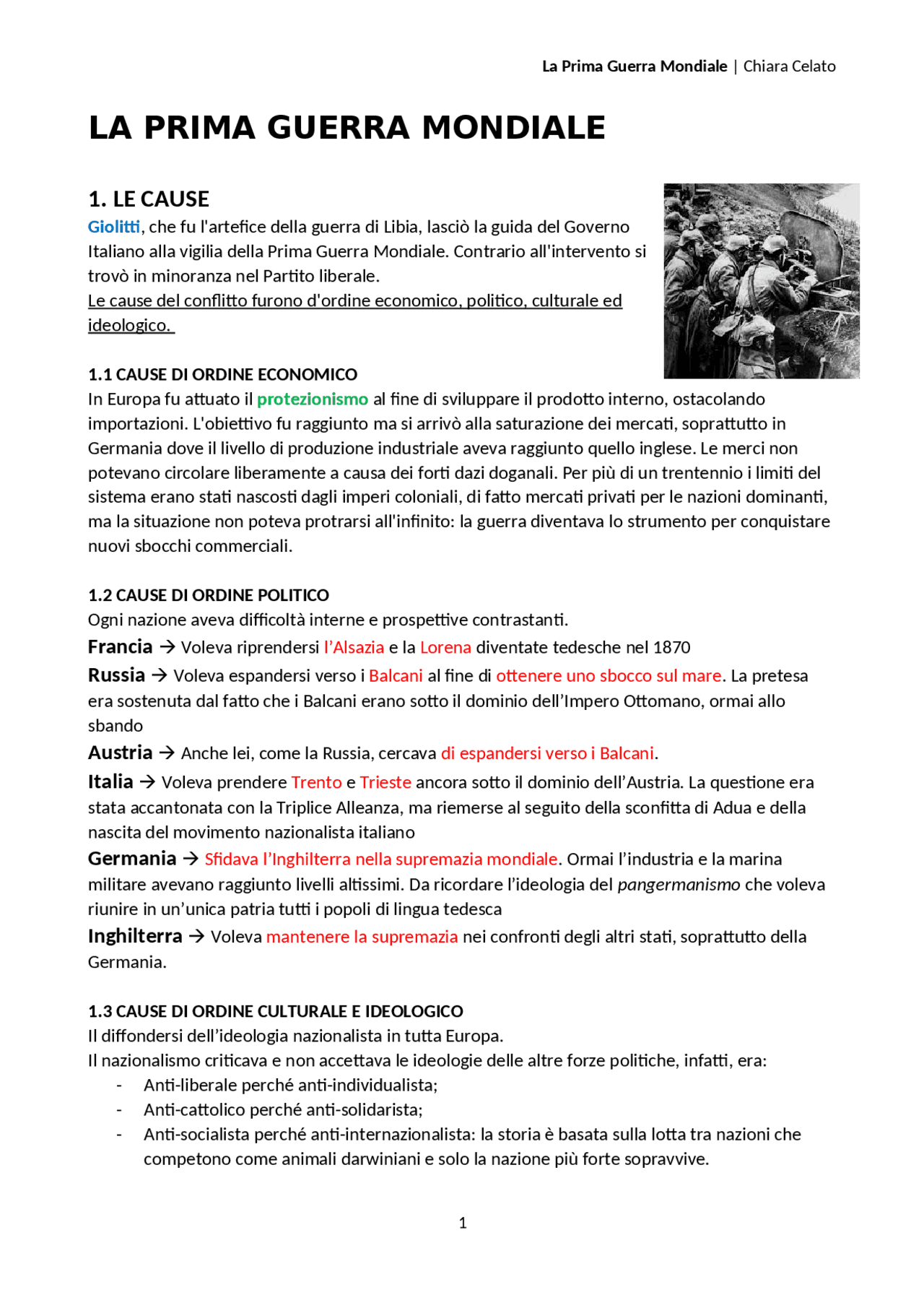 Prima Guerra Mondiale Schemi E Mappe Concettuali Di Storia Docsity