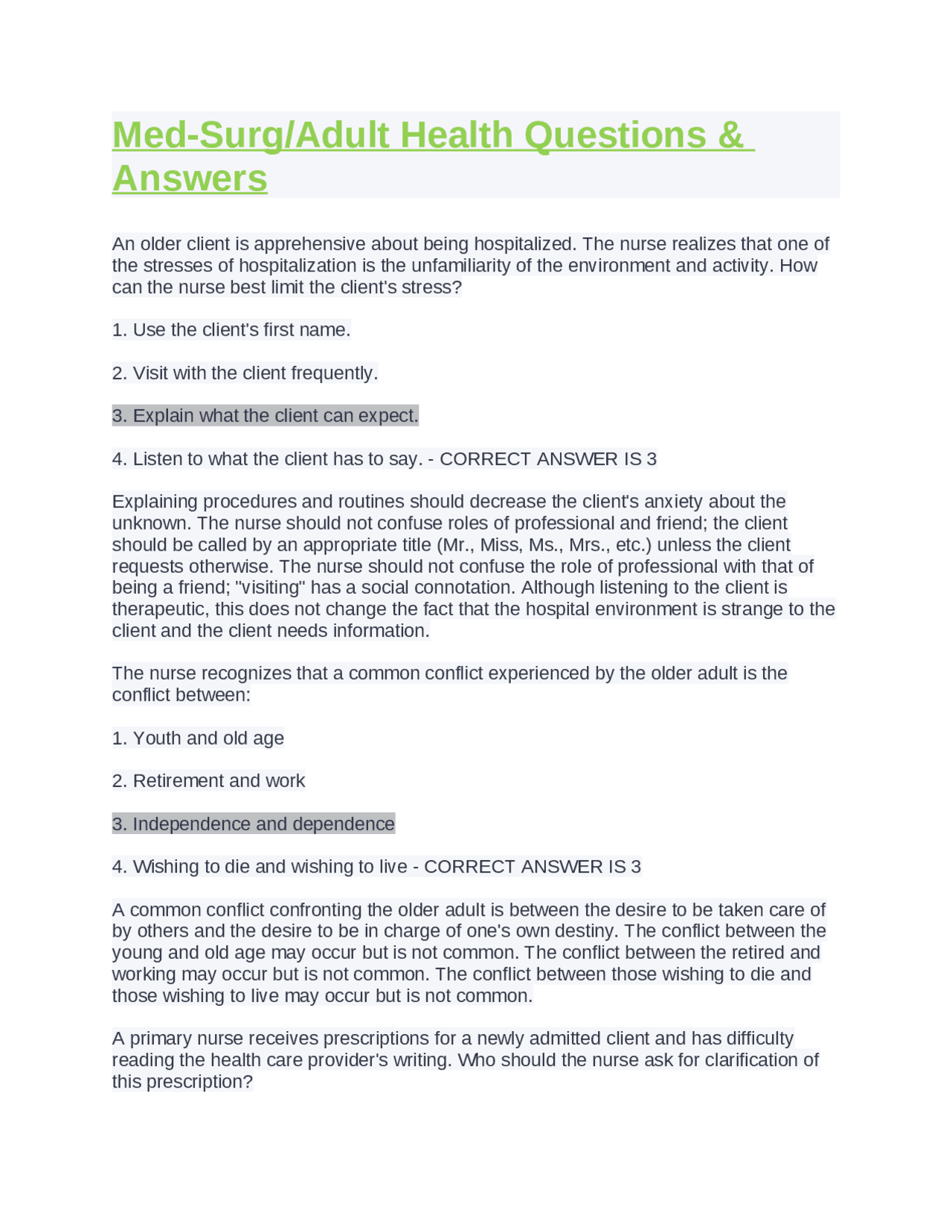 Med surg adult health questions answers | Exams General Surgery | Docsity