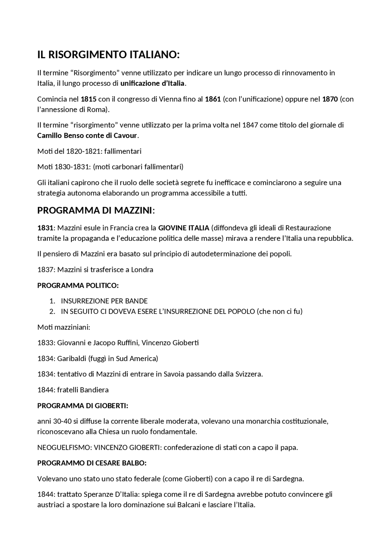 Risorgimento italiano | Schemi e mappe concettuali di Storia | Docsity