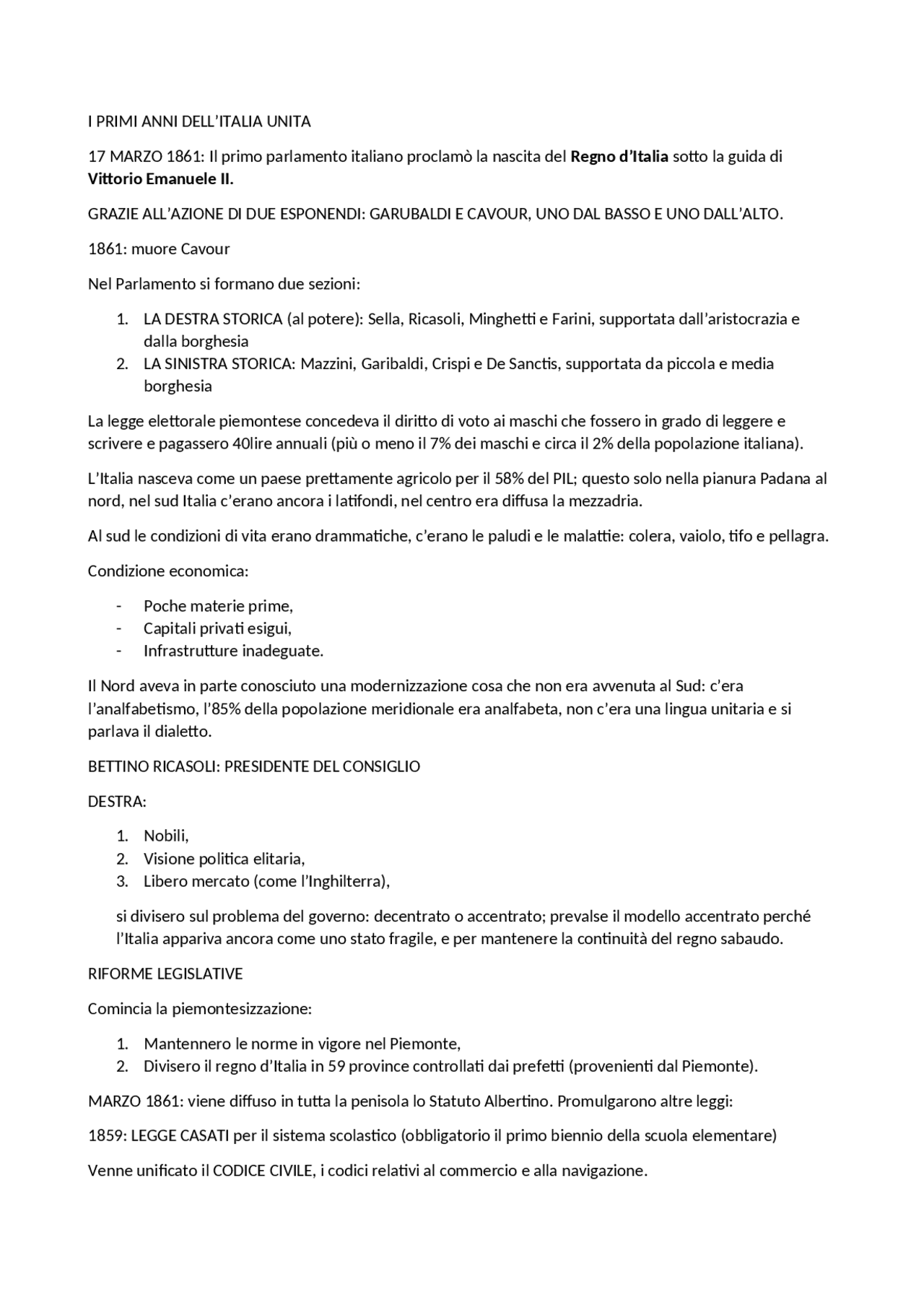 I primi anni dell italia unita | Schemi e mappe concettuali di Storia | Docsity