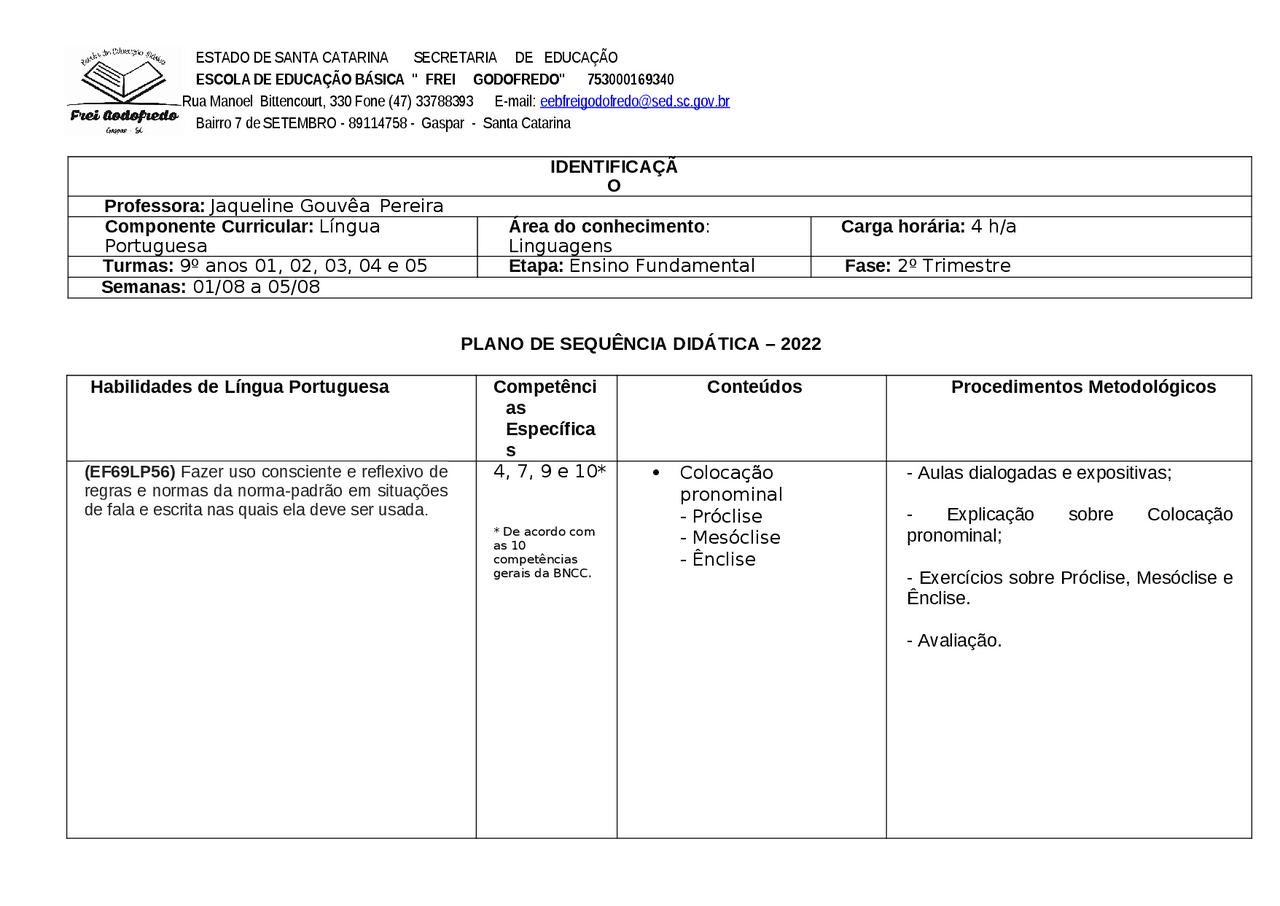 PLANO DE SEQUÊNCIA DIDÁTICA | Notas de estudo Língua Portuguesa | Docsity