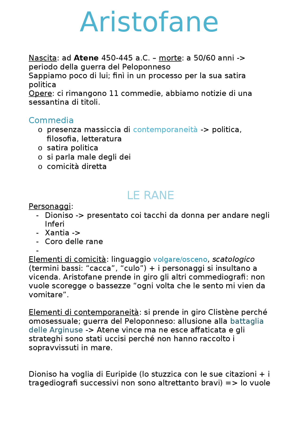 Aristofane commedia greca | Schemi e mappe concettuali di Greco | Docsity