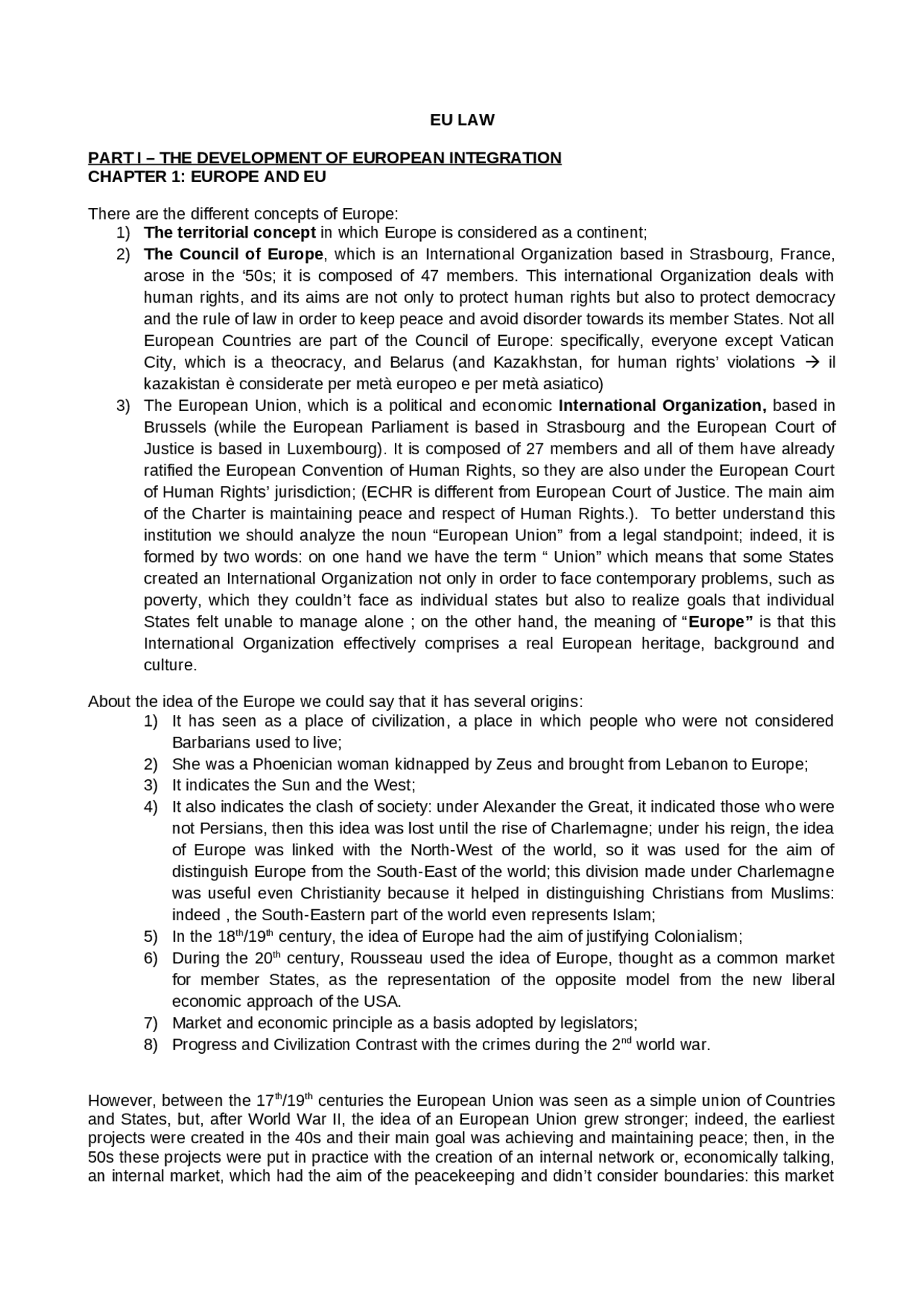 European Union Law notes | Appunti di Diritto dell'Unione Europea | Docsity