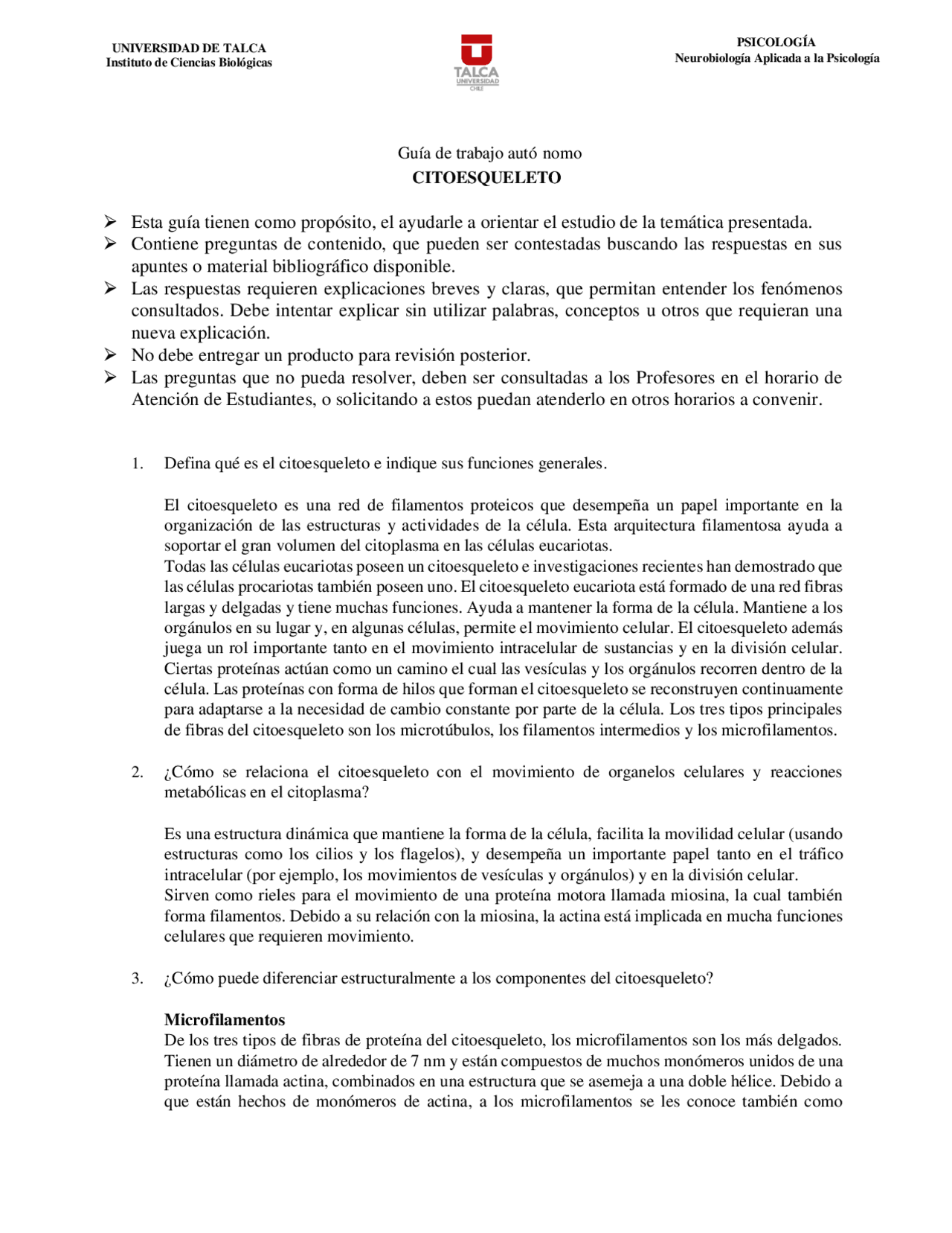 Guía De Citoesqueleto Ejercicios De Biología Docsity