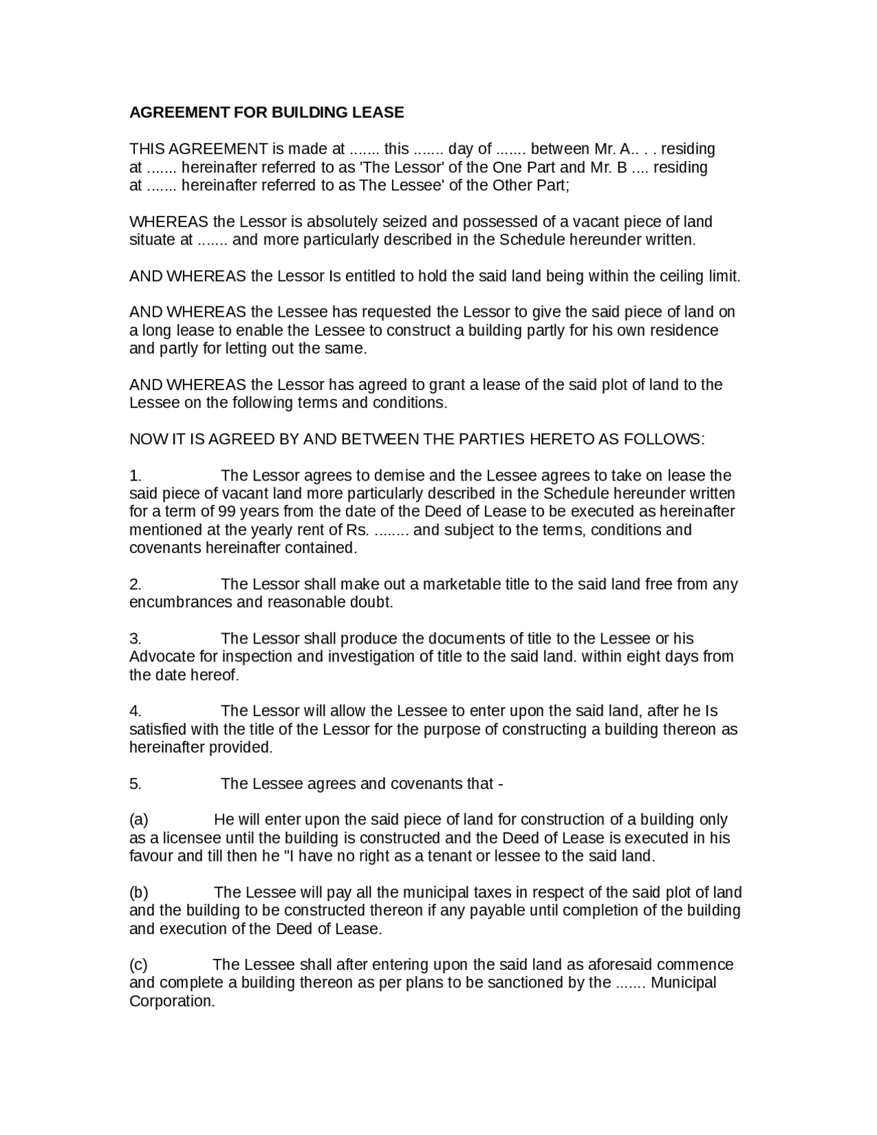 Agreement for Building Lease: Terms and Conditions for Land Rent and ...