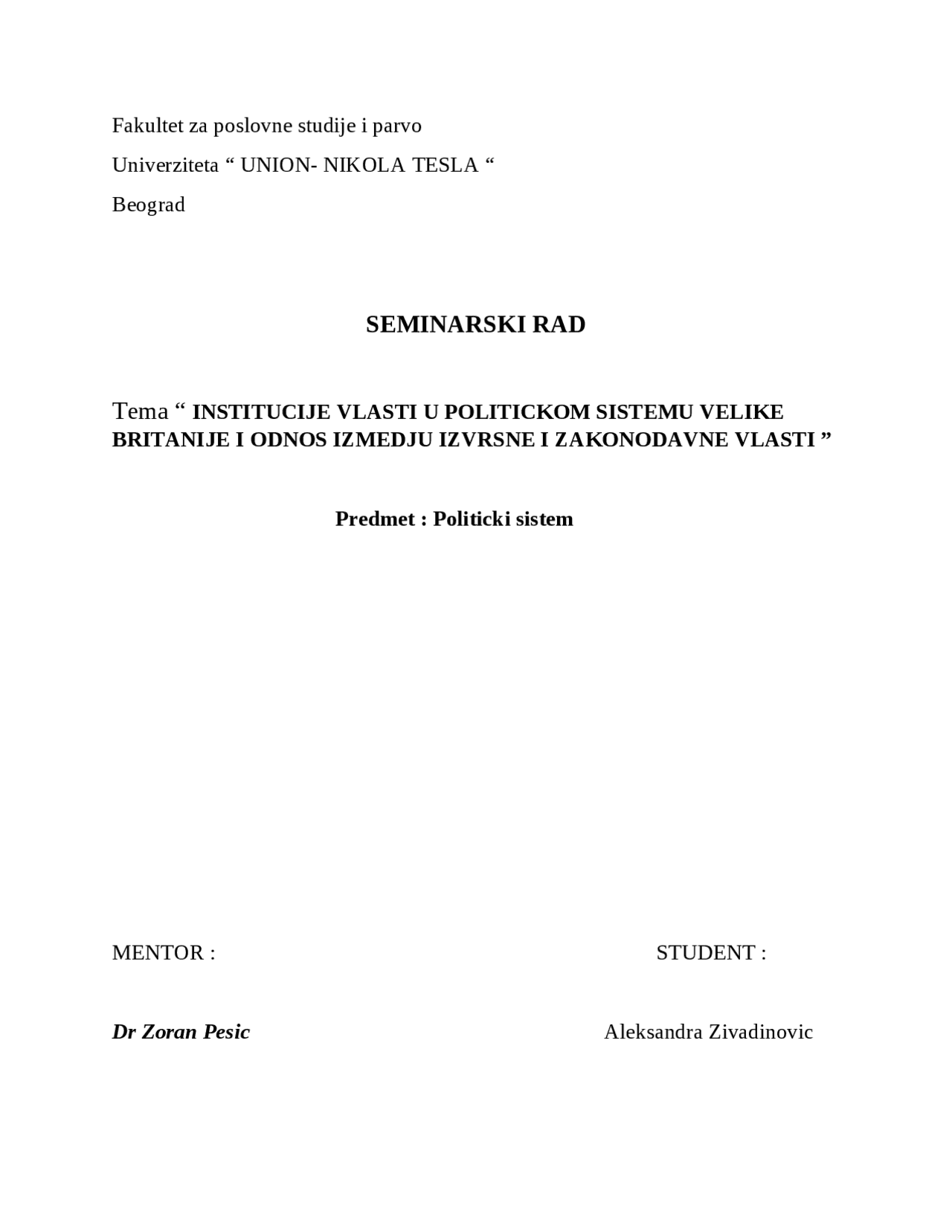 Seminarski rad iz Politickog sistema | Docsity