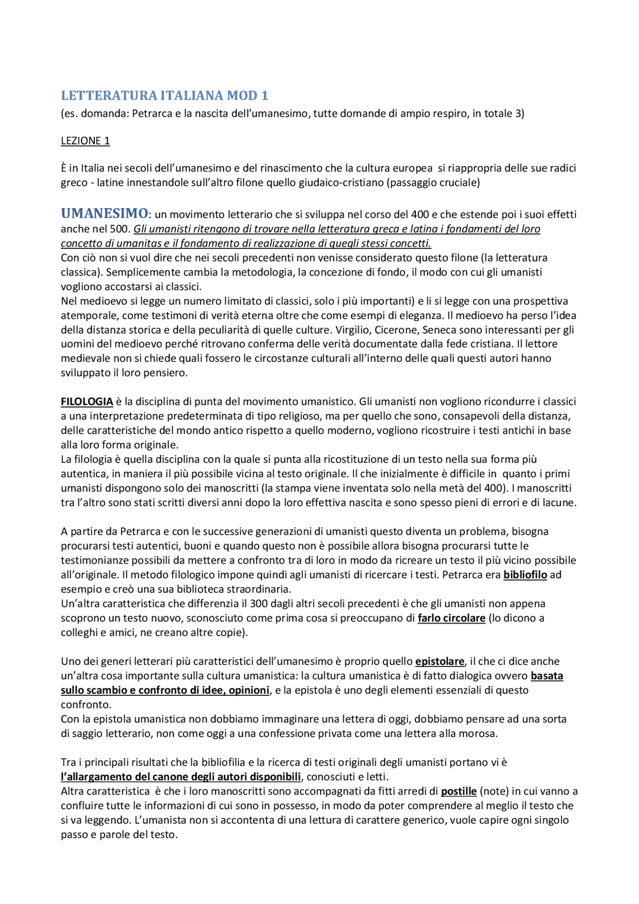 Appunti letteratura italiana modulo 1 | Appunti di Letteratura Italiana | Docsity