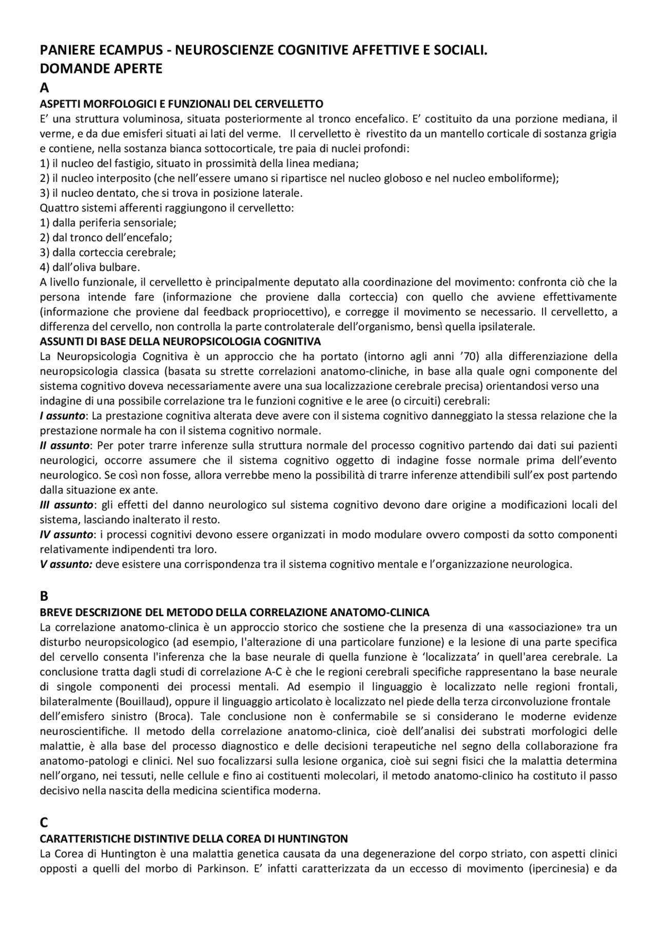 Paniere Ecampus Neuroscienze Cognitive Affettive E Sociali Risposte