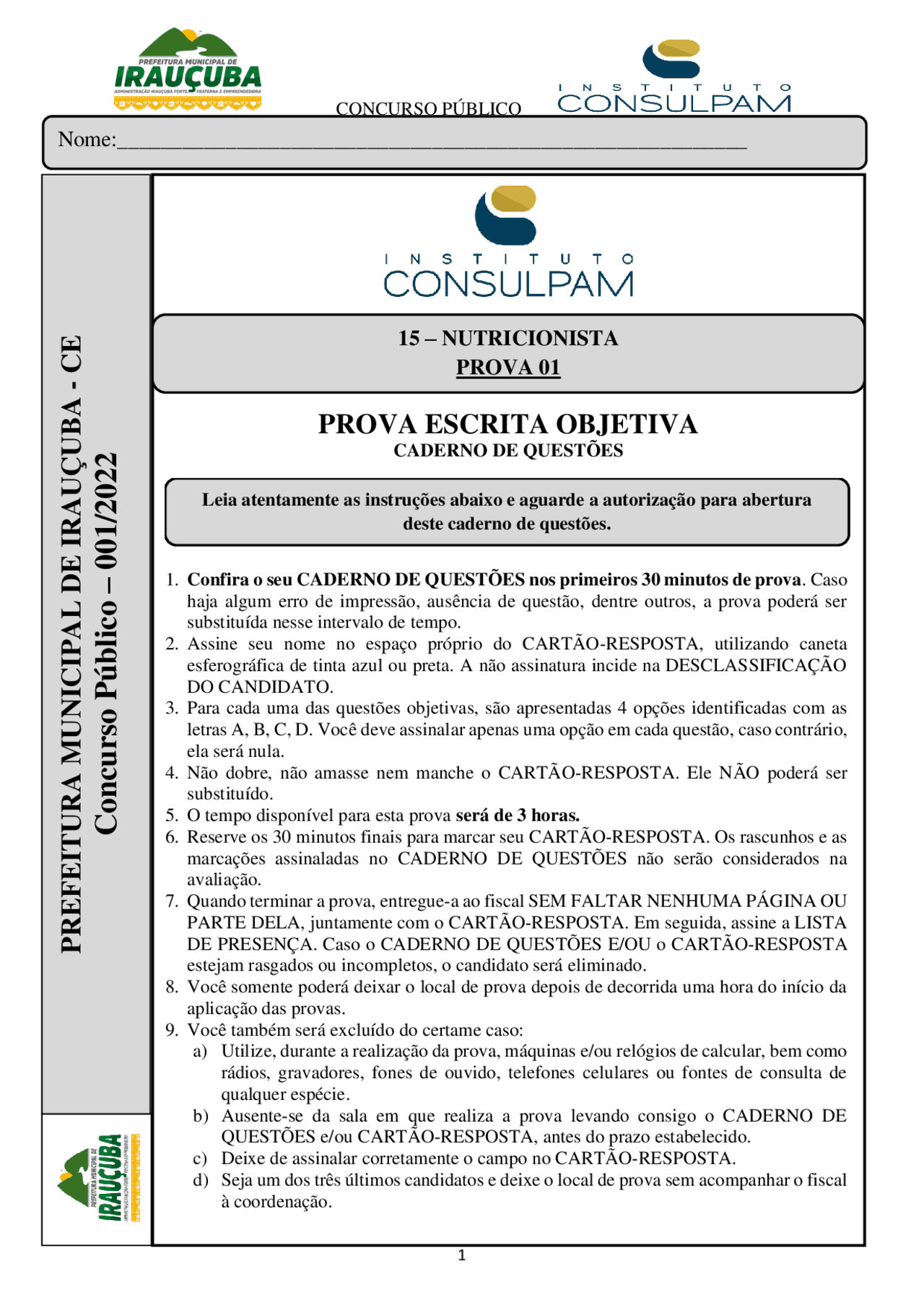 Prova Concurso Banca Consu Provas Nutrição Docsity
