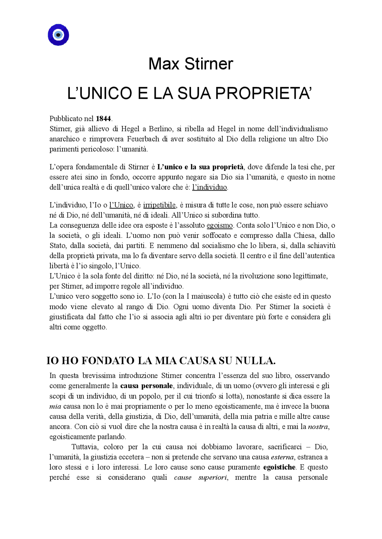 Max Stirner Lunico E La Sua Proprietà Schemi E Mappe Concettuali Di