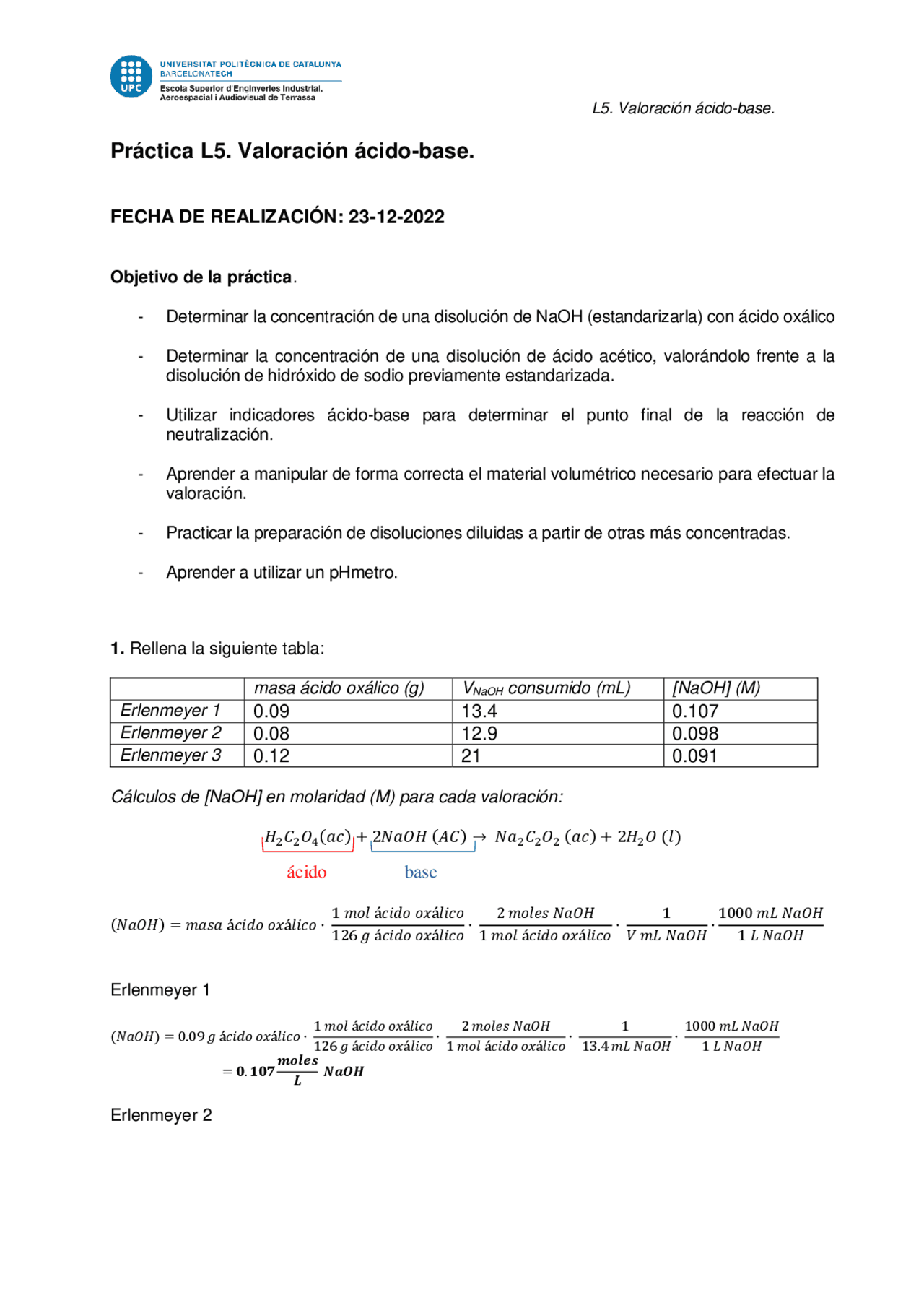 Práctica L5 Valoración ácido Base Ejercicios De Química Docsity