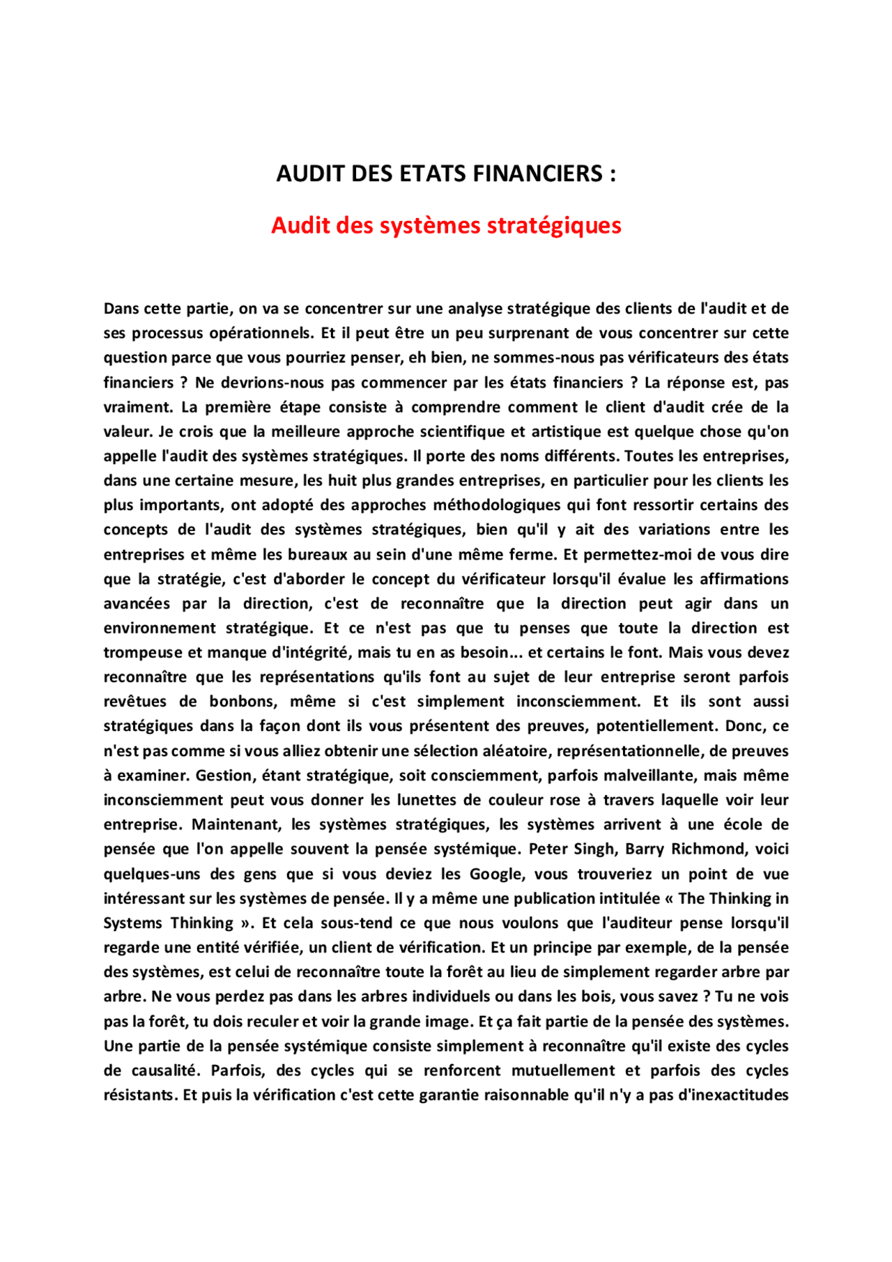 Audit Des Systèmes Stratégiques Summaries Economics Docsity