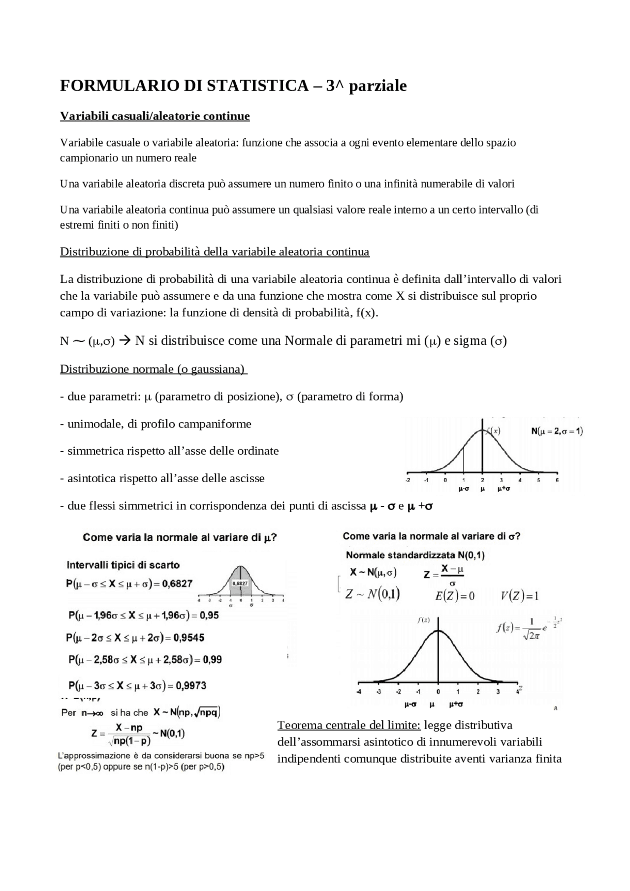Formulario Terzo Parziale Statistica Sid Scienze Politiche Schemi E