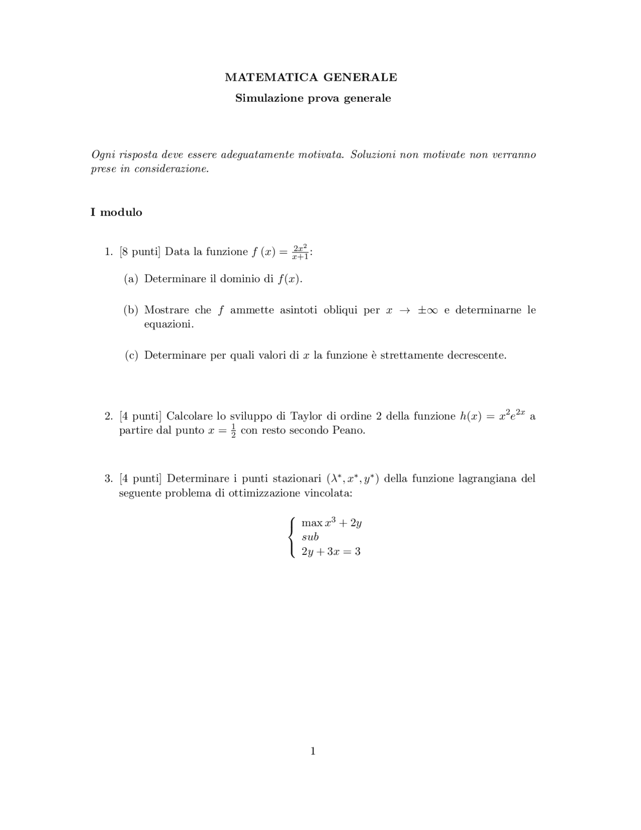 Simulazione prova generale d'esame matematica generale | Prove d'esame di Matematica Generale ...