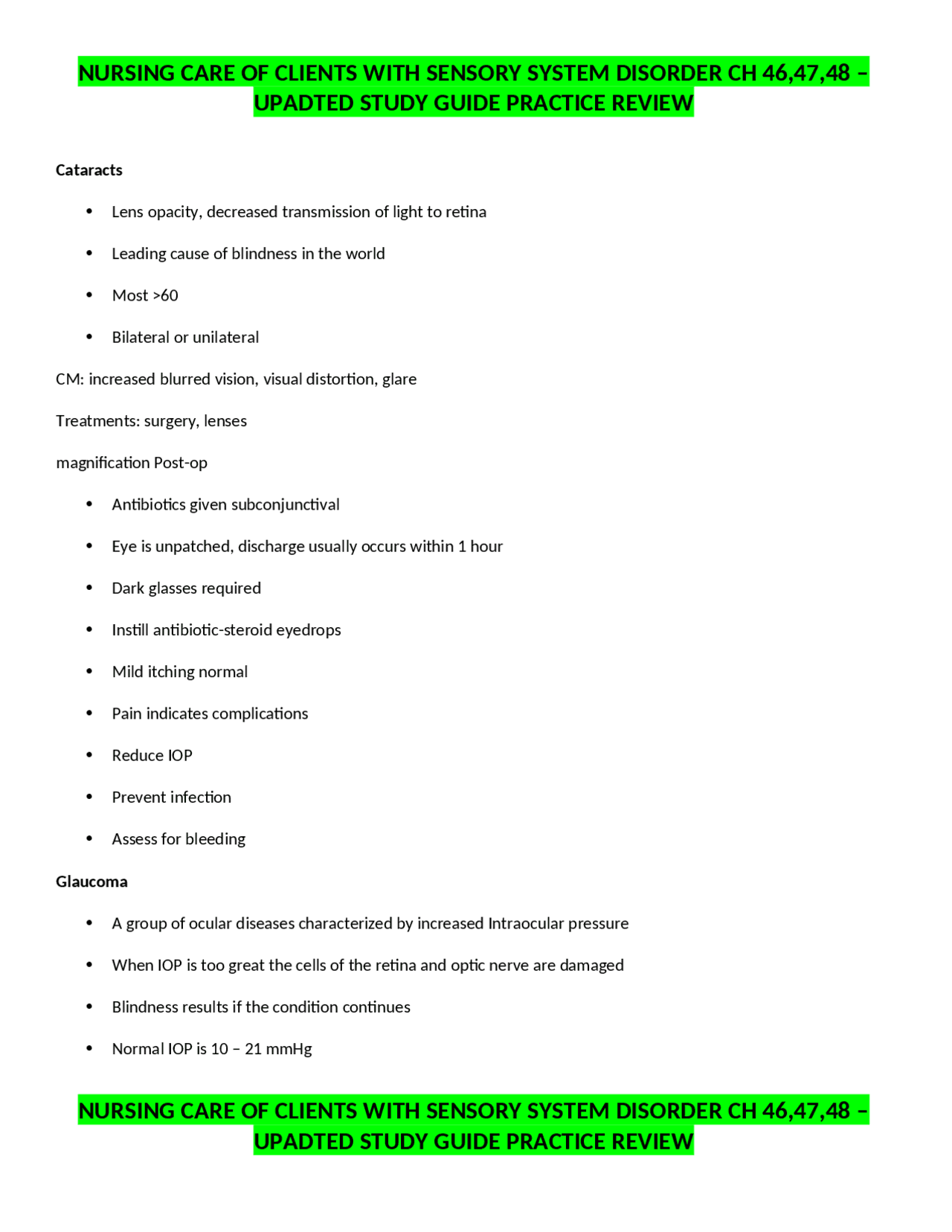 NURSING CARE OF CLIENTS WITH SENSORY SYSTEM DISORDER CH 46,47,48 ...