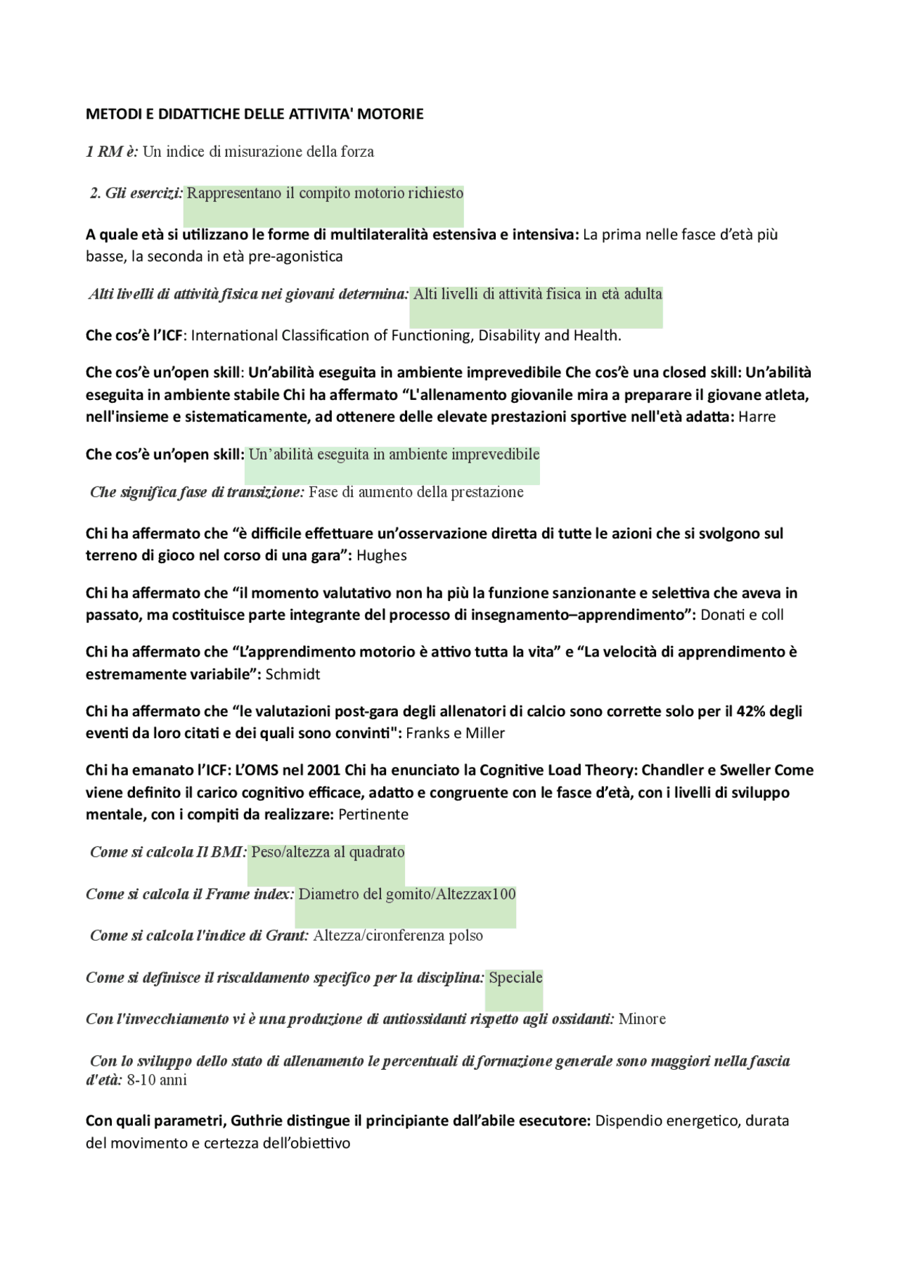 Metodi e didattiche delle attività motorie | Panieri di Scienze Motorie | Docsity
