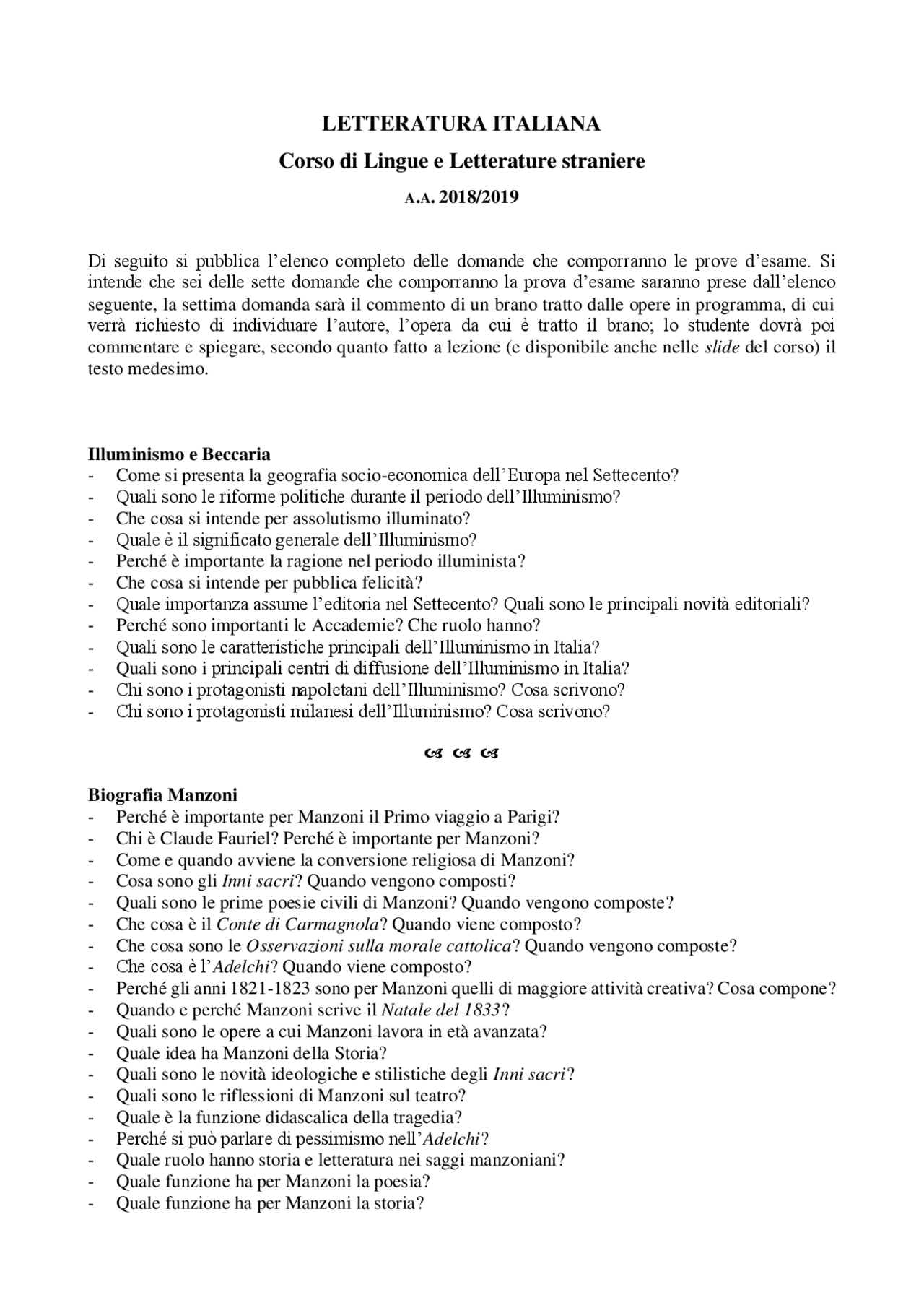 Domande d'esame Letteratura Italiana | Prove d'esame di Letteratura Italiana | Docsity