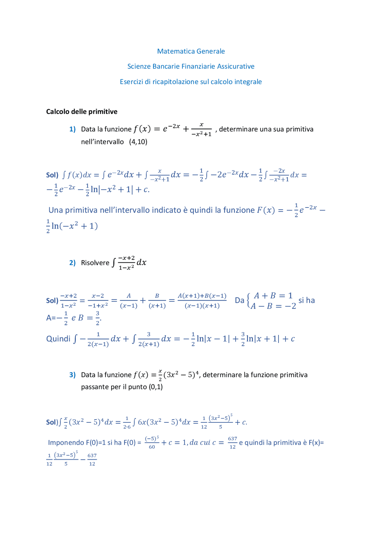 Simulazione calcolo integrale | Esercizi di Matematica Generale | Docsity