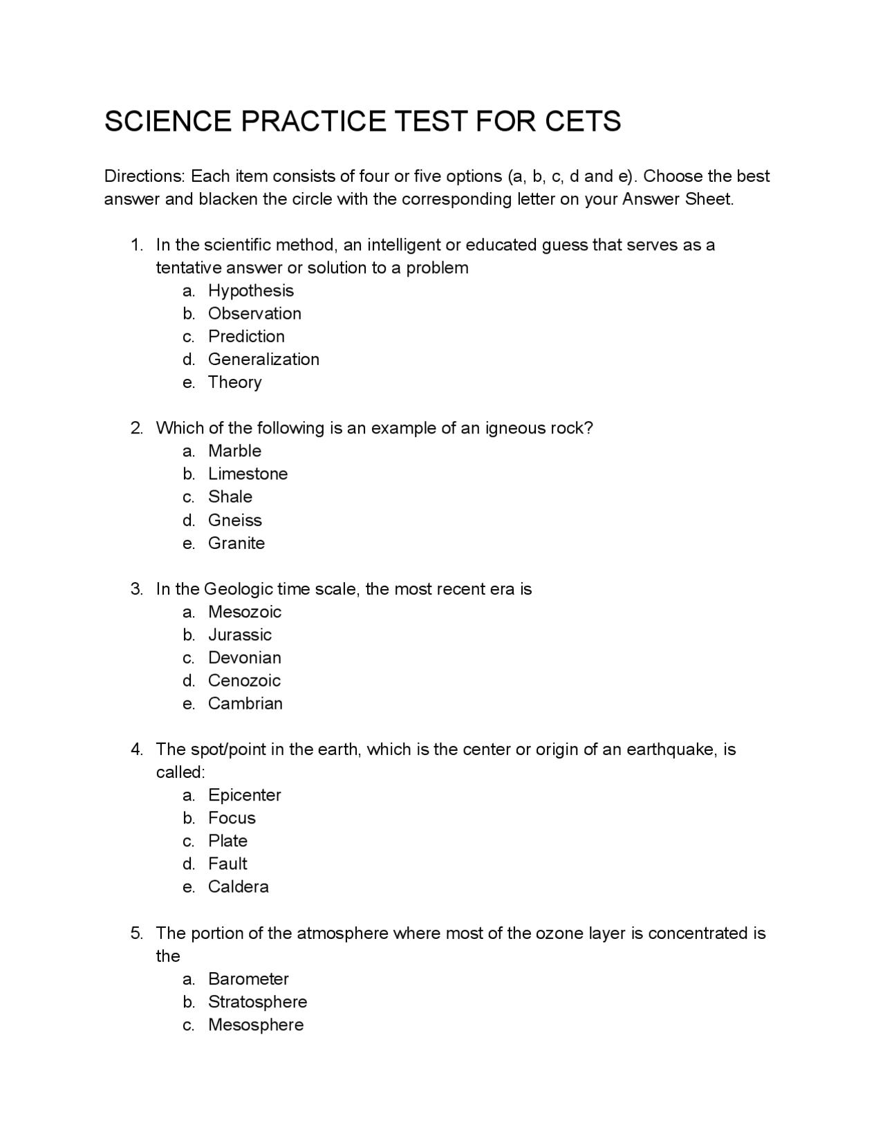 Science Practice Test for CETs | Exercises Earth science | Docsity