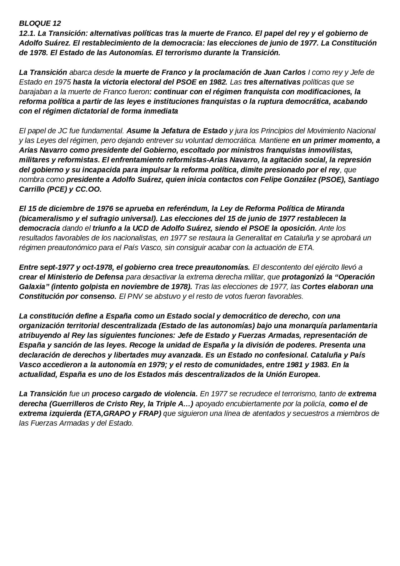 BLOQUE 12 HISTORIA DE ESPAÑA | Resúmenes de Historia de España | Docsity