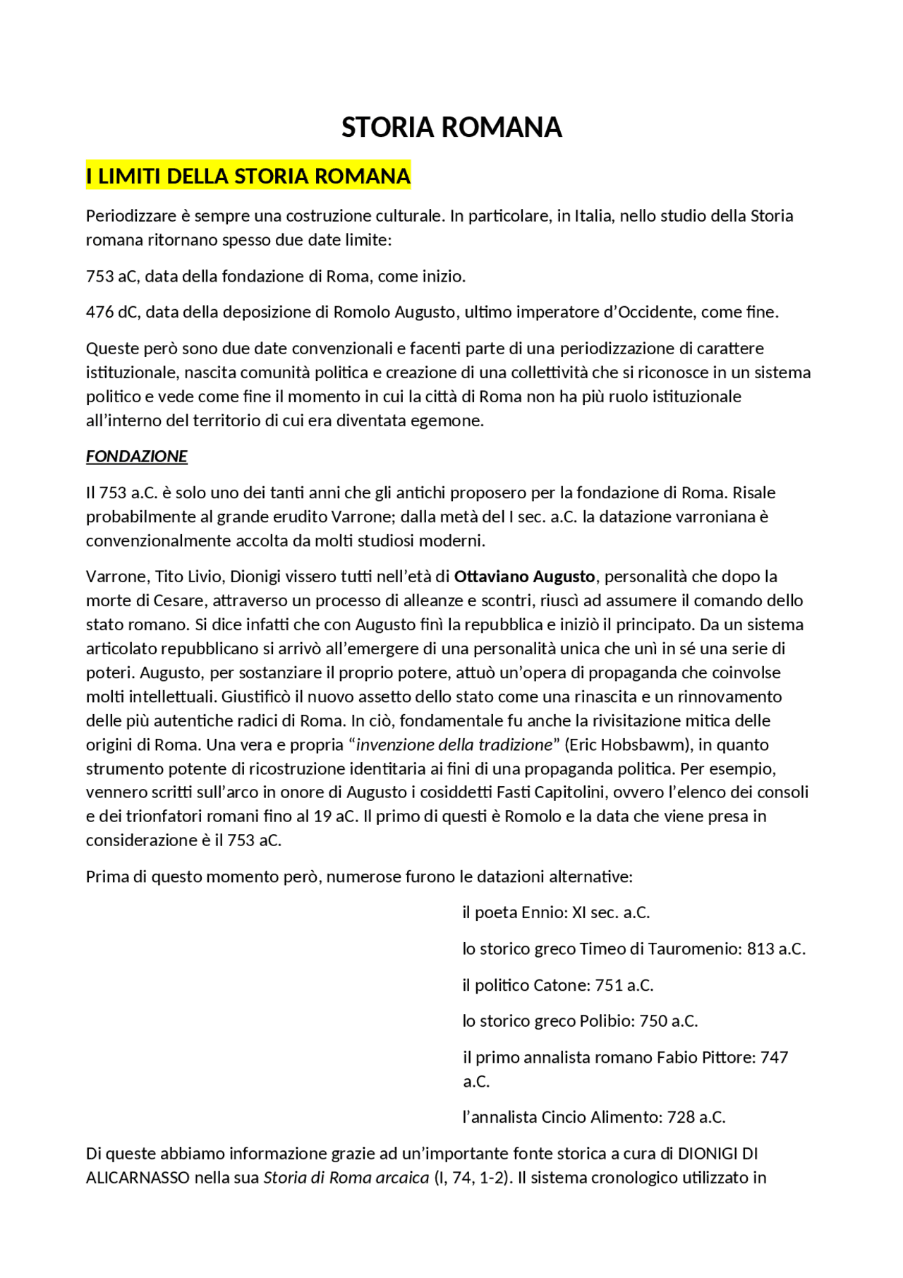 Storia Romana - Appunti | Appunti di Storia Romana | Docsity