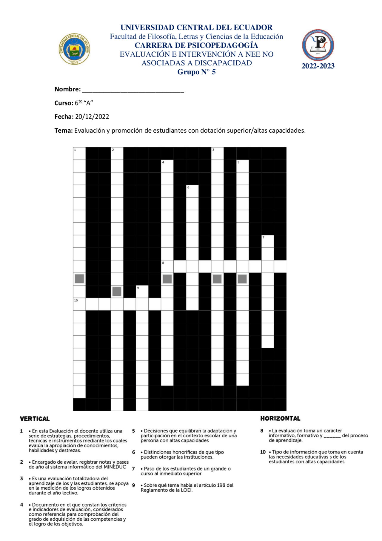 Crucigrama sobre la carrera de psicopedagogía | Apuntes de Sociología y ...