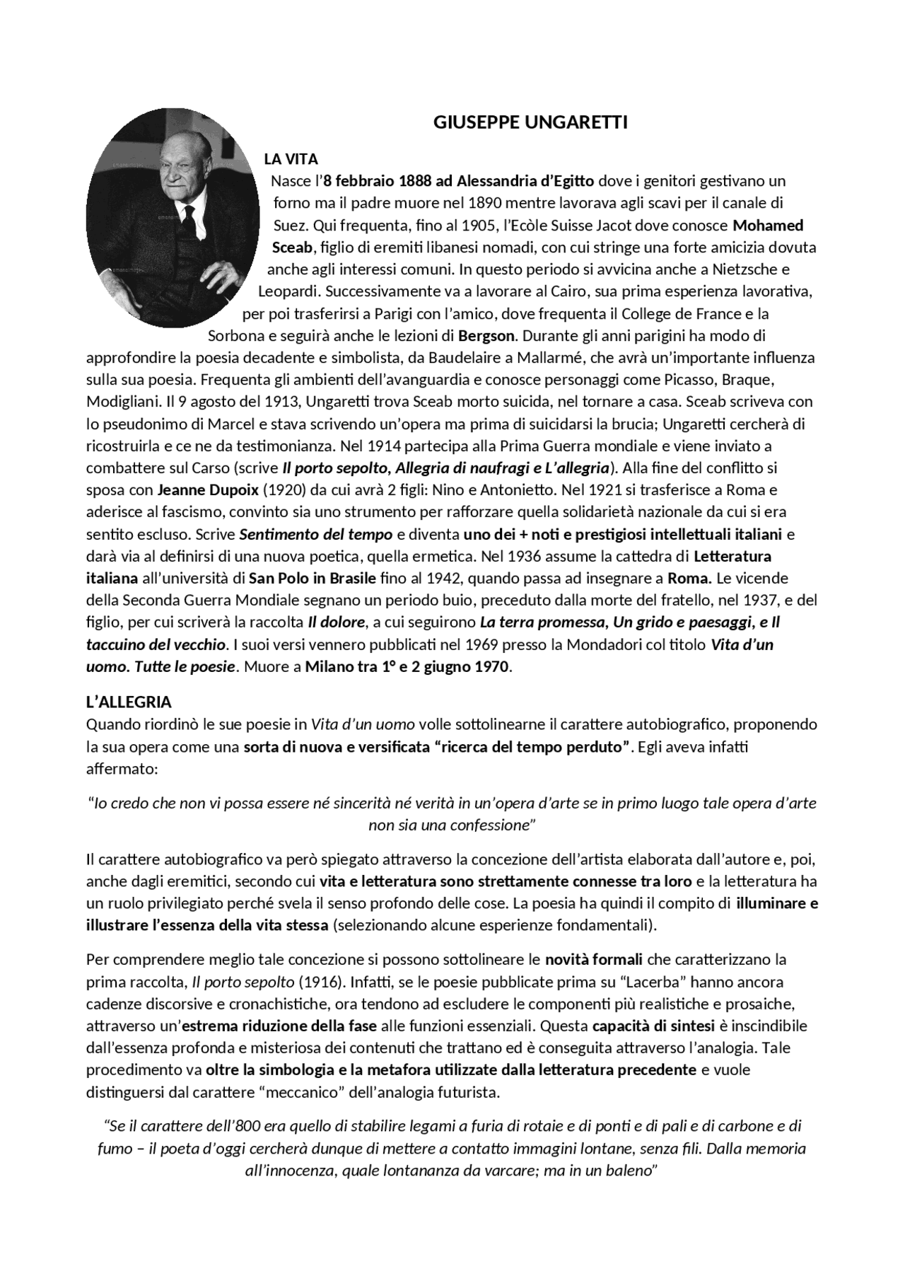 Vita E Opere Ungaretti Appunti Di Italiano Docsity
