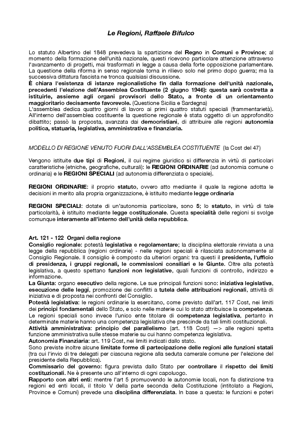 Le Regioni Bifulco Riassunto Completo Sintesi Del Corso Di Diritto