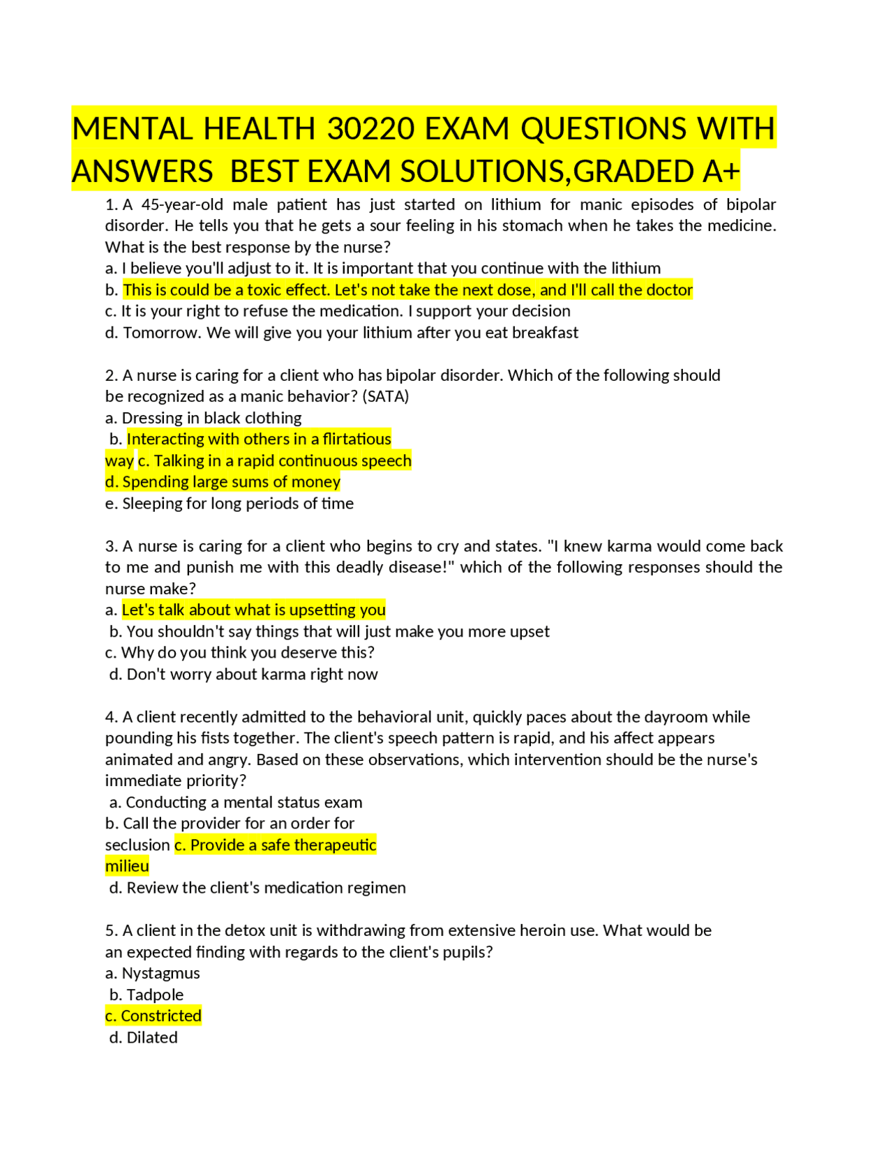 Mental Health Exam Questions and Answers | Exams Nursing | Docsity