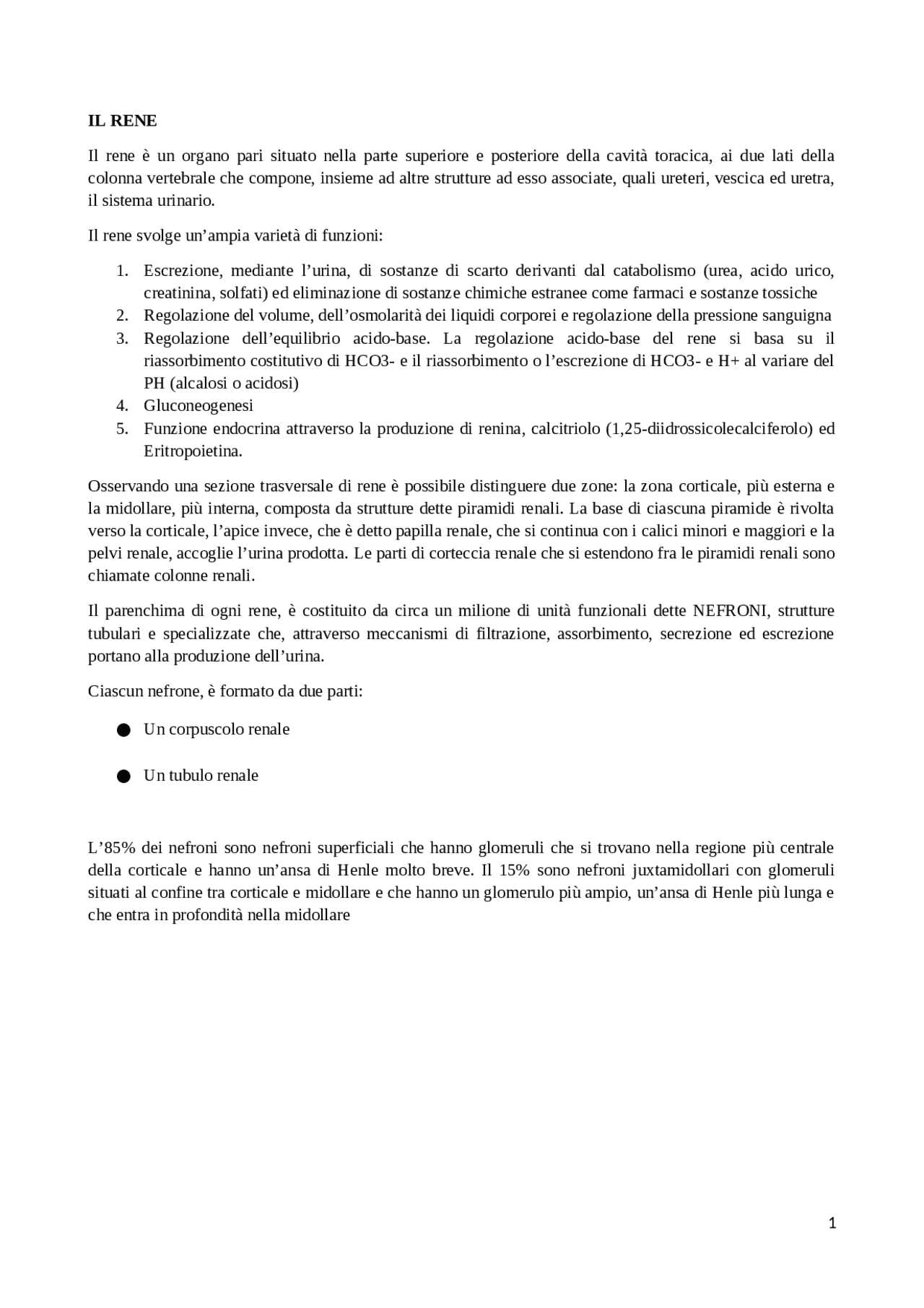 Il rene- fisiologia, parametri | Appunti di Biologia | Docsity