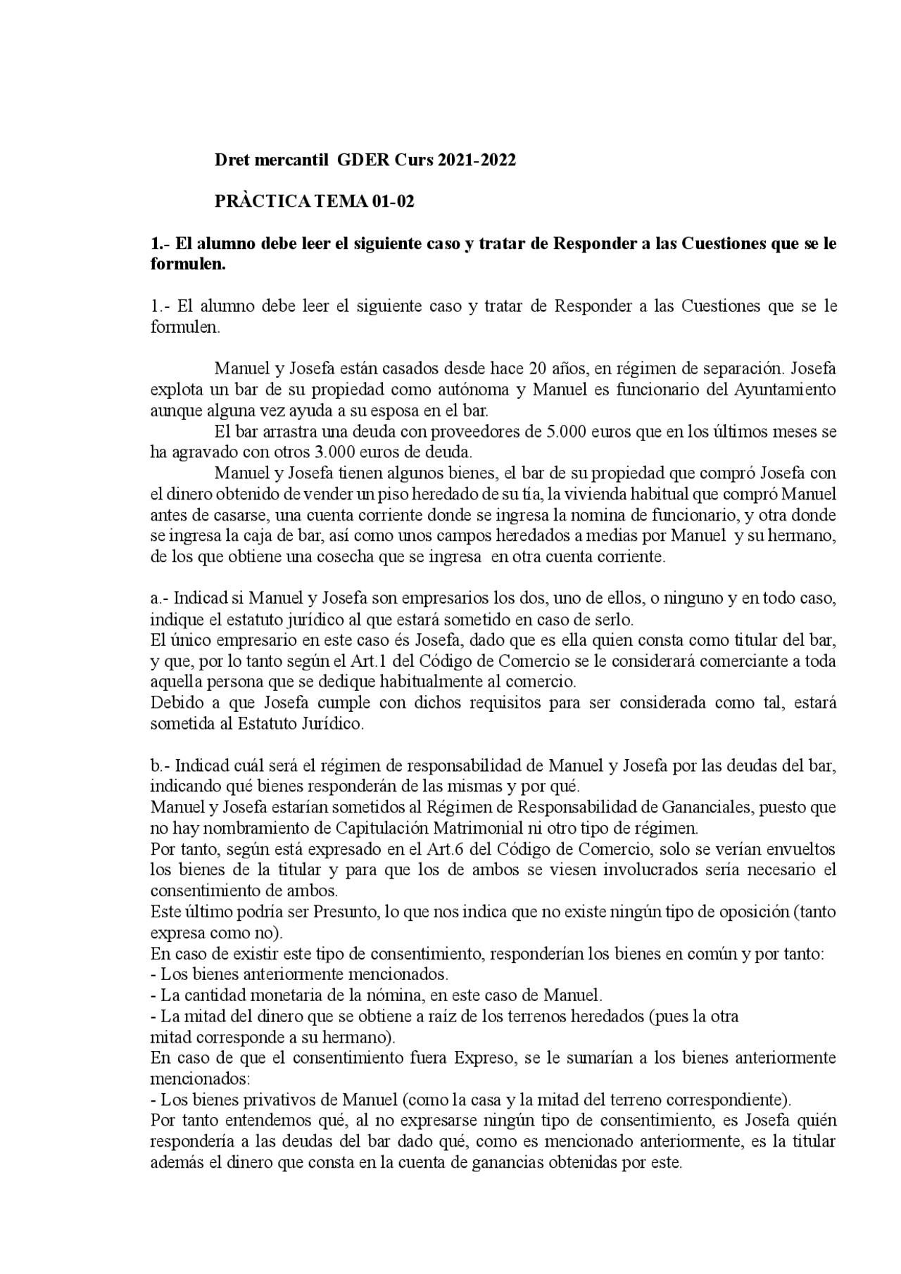 Ejercicios Mercantil Ejercicios De Derecho Mercantil Docsity