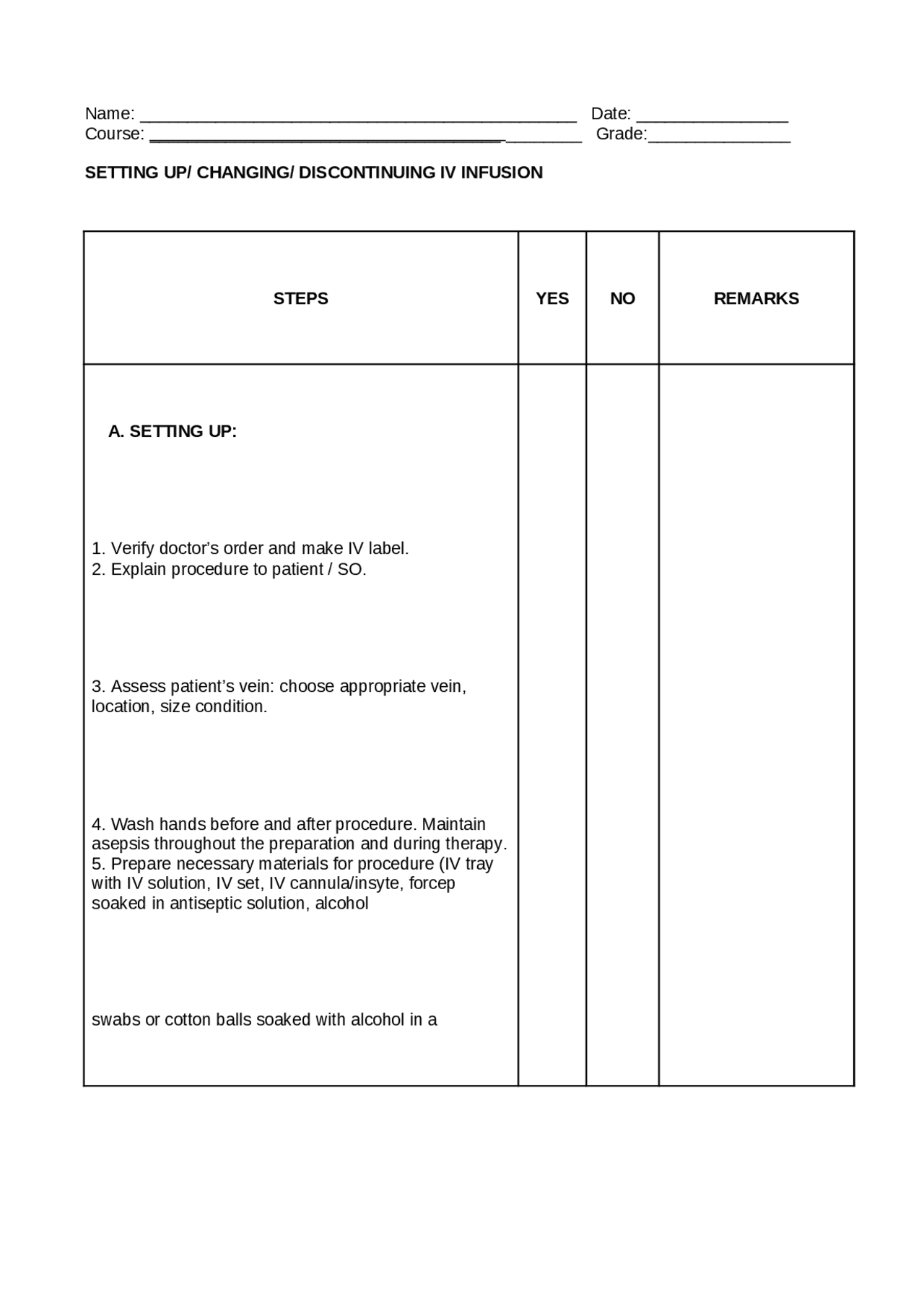 Competency Checklist - IV Therapy | Exercises Nursing | Docsity
