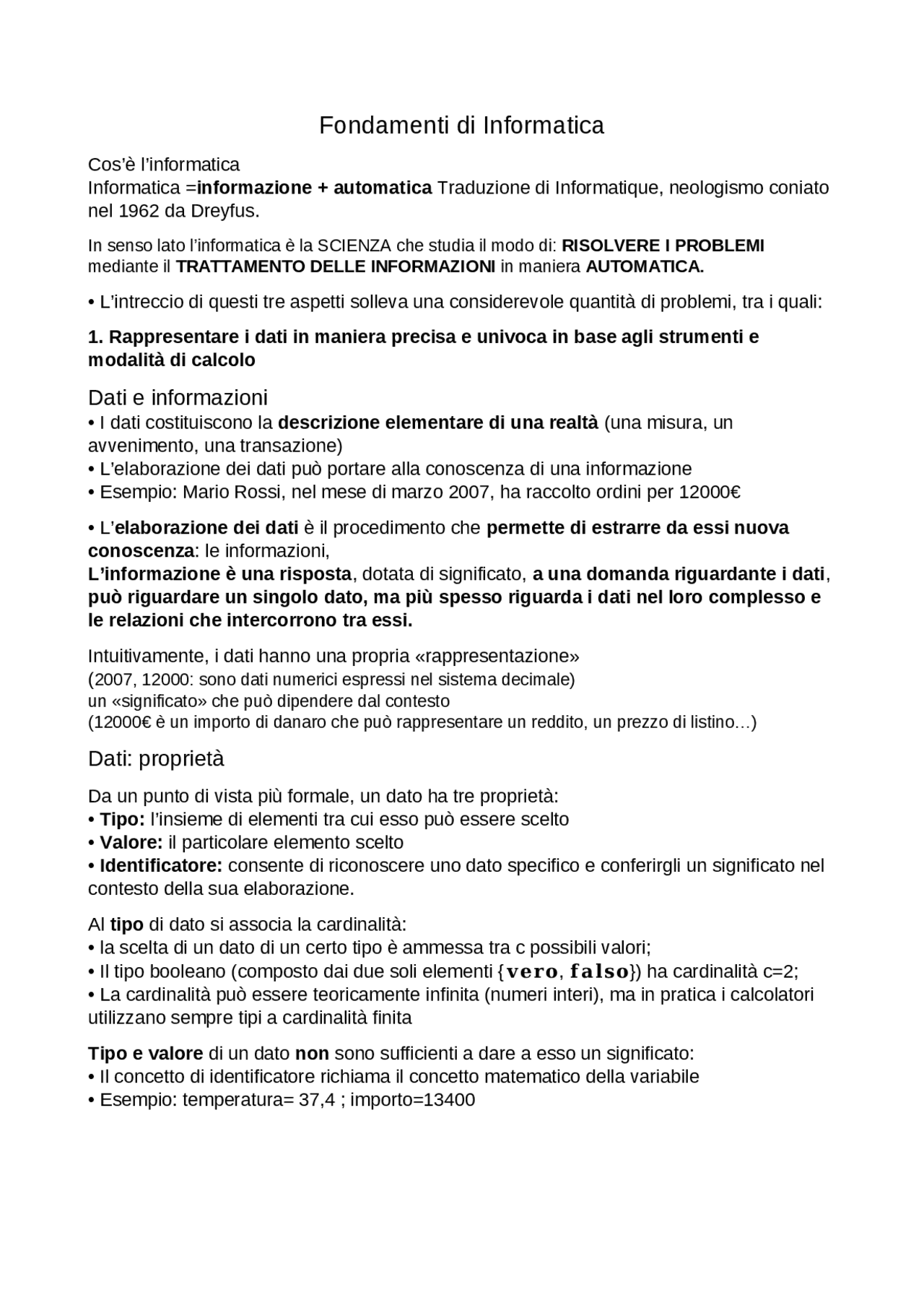 Fondamenti Di Informatica Appunti Di Fondamenti Di Informatica Docsity