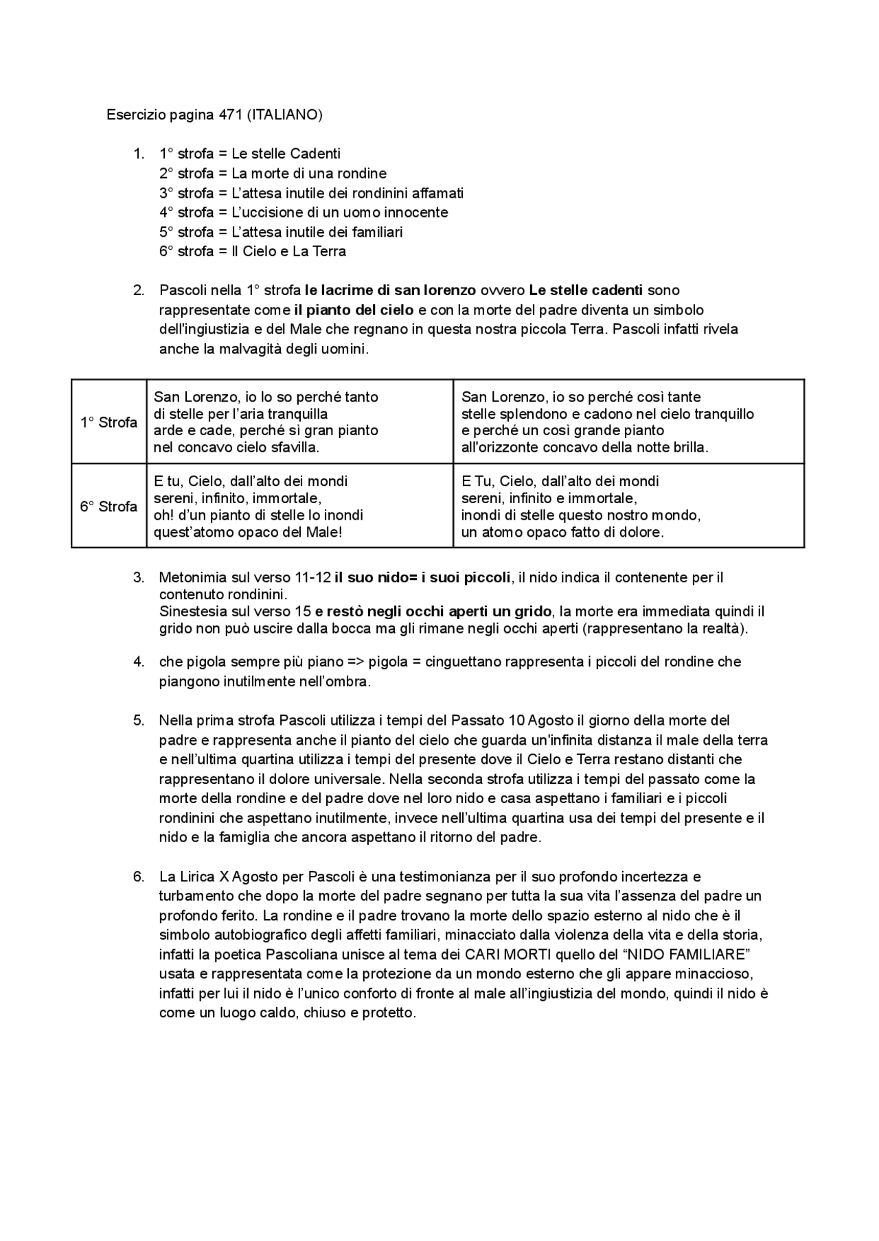 Esercizio X Agosto Pascoli | Esercizi di Italiano | Docsity