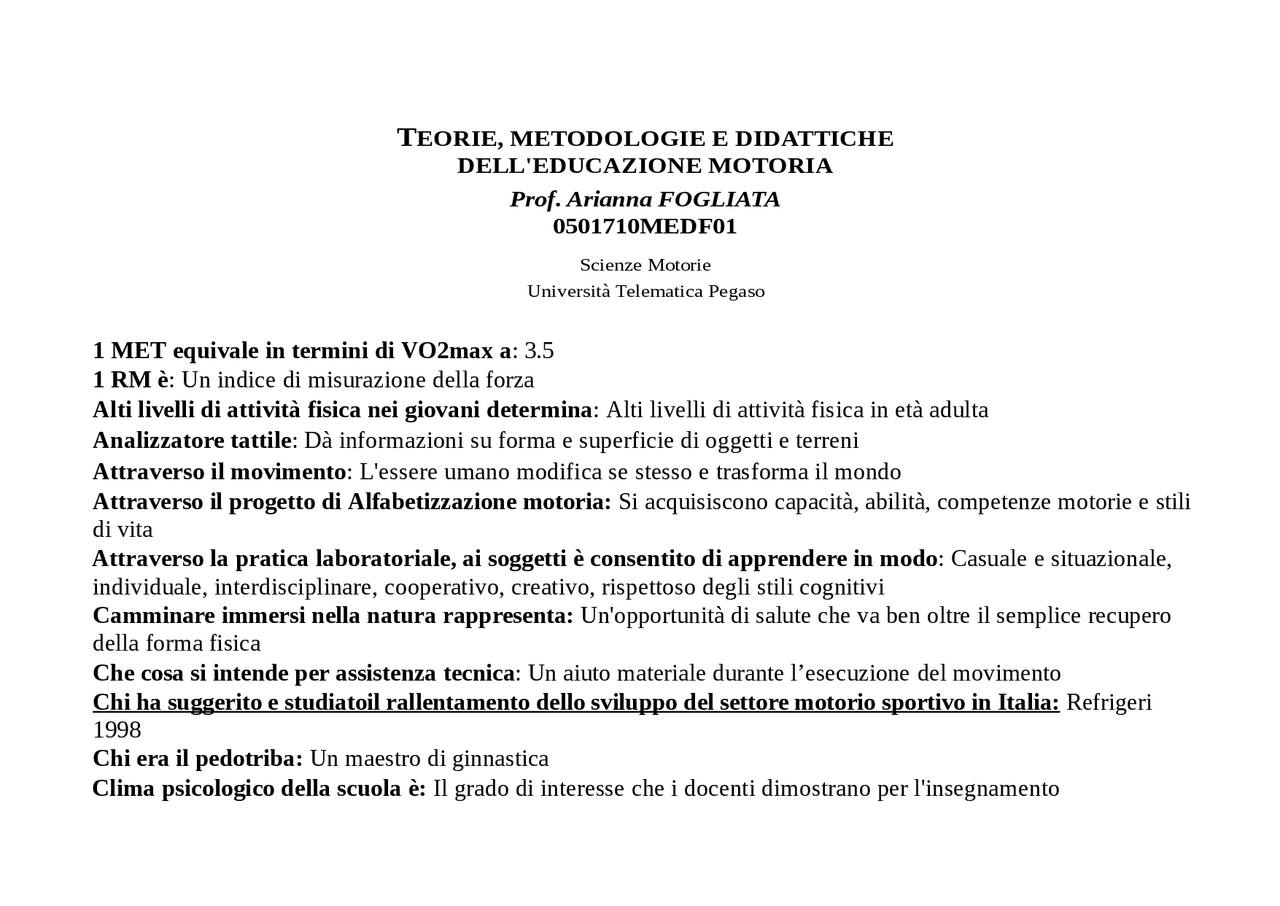 Teorie metodologie e didattiche dell'educazione motoria | Prove d'esame ...
