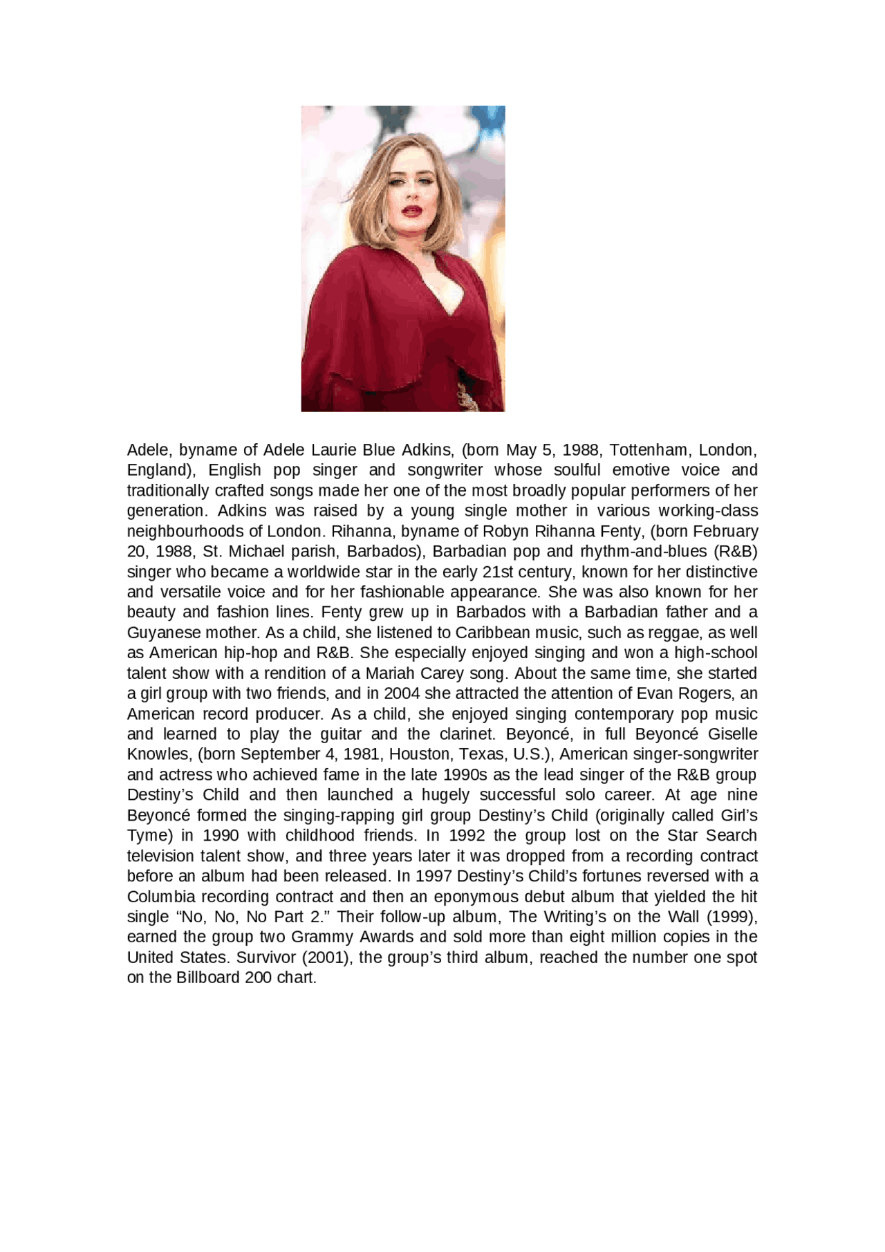 Biographies of Famous Pop Singers: Adele, Rihanna, and Beyoncé - Prof ...