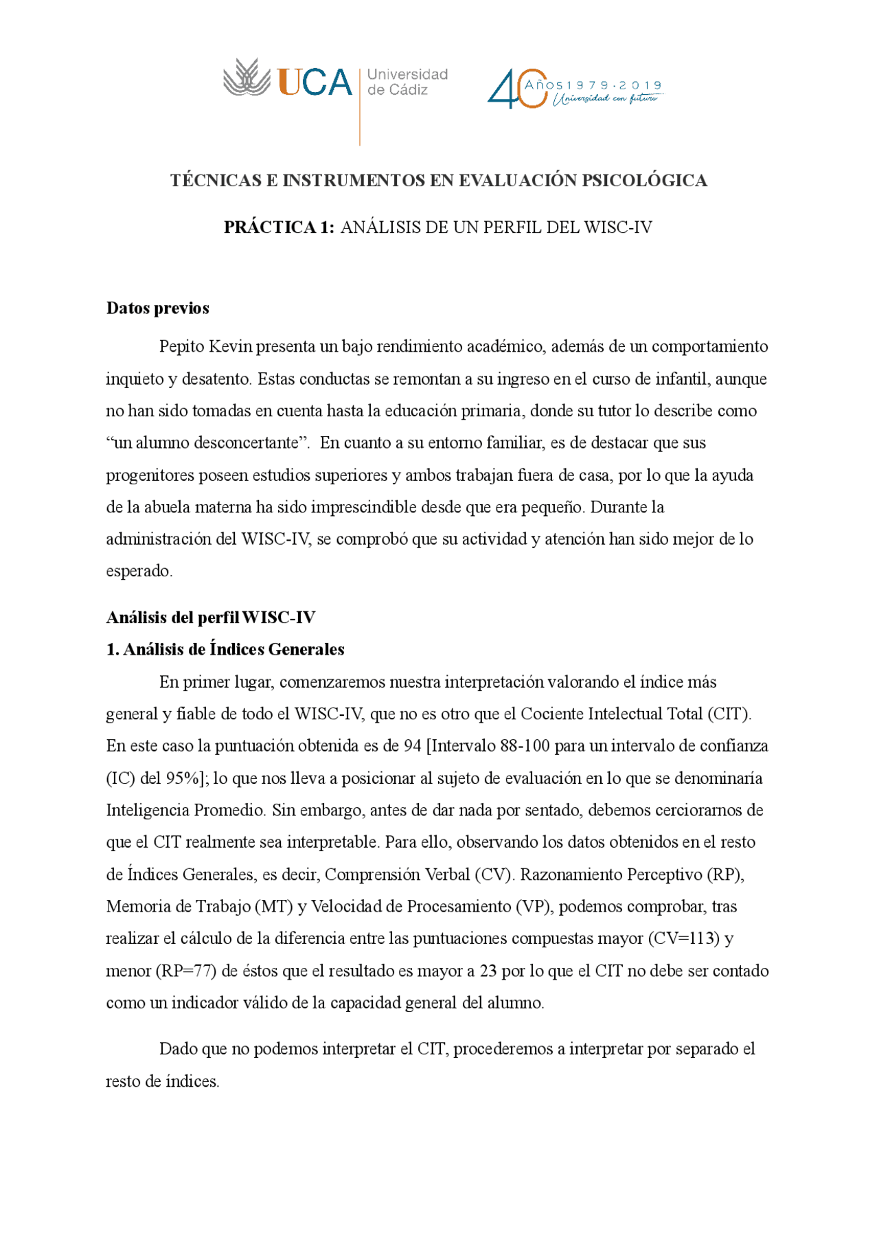 Ejemplo Caso Wisc Iv Ejercicios De Psicometría Docsity