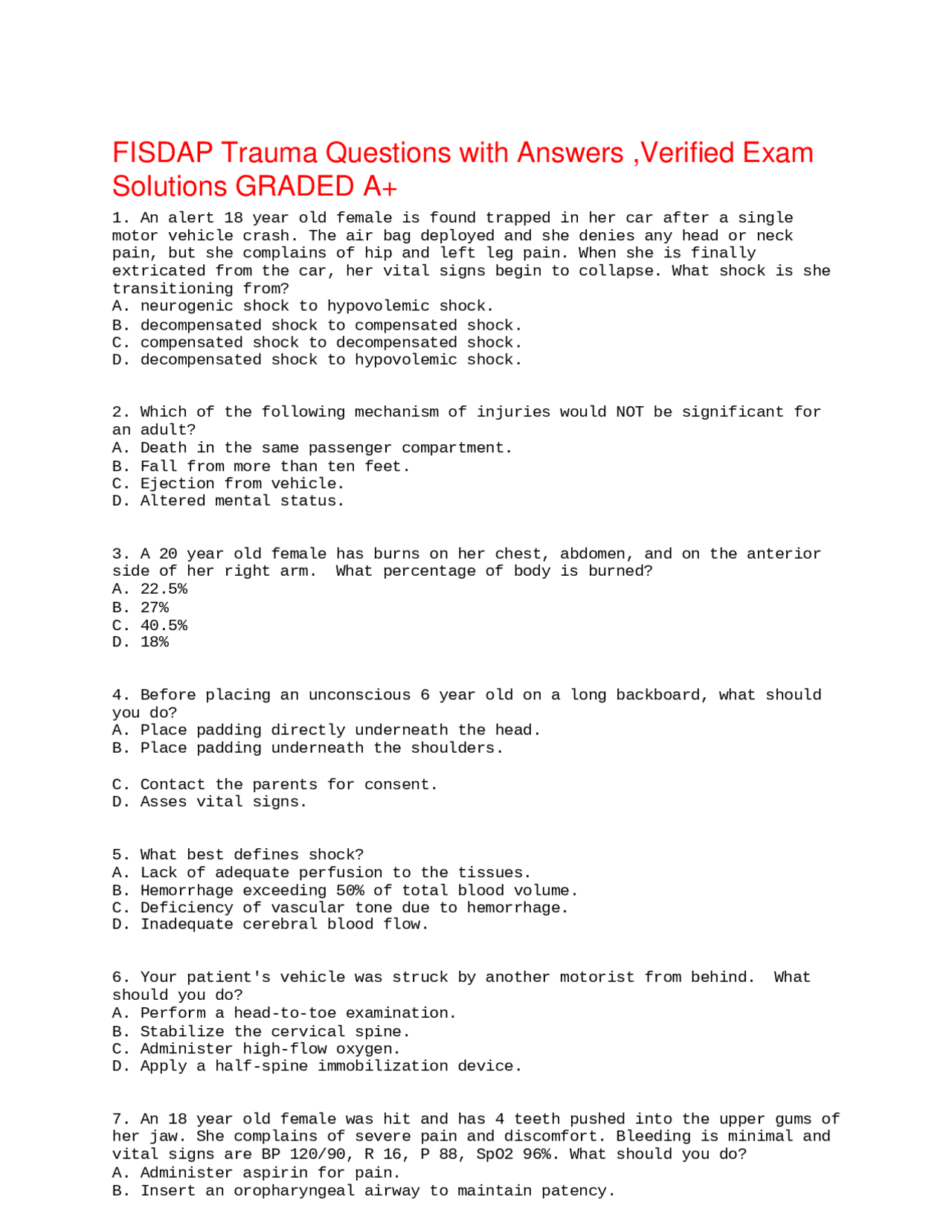 FISDAP Trauma Questions with Answers ,Verified Exam Solutions GRADED A+ | Exams Nursing | Docsity
