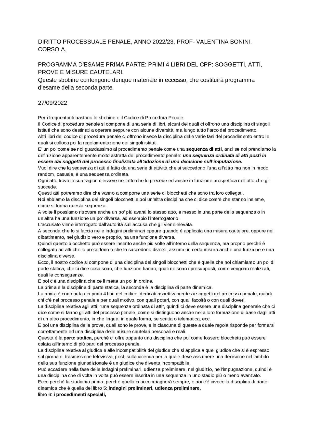 Diritto processuale penale parte I (per esame prova intermedia 6 CFU) | Sbobinature di Diritto ...