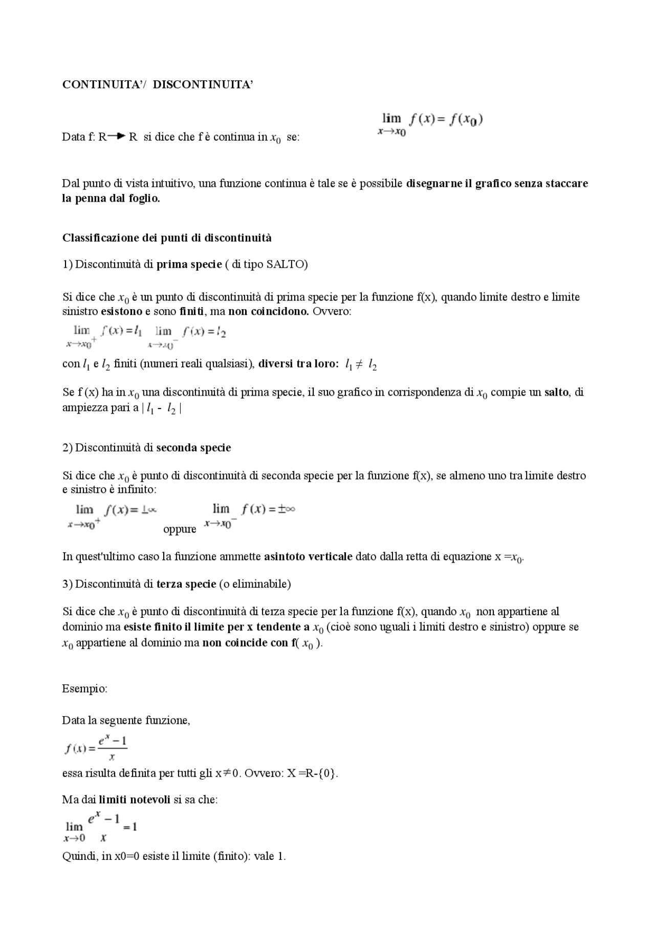 La Continuità In Matematica Ripasso E Formulario Formulari Di Matematica Docsity