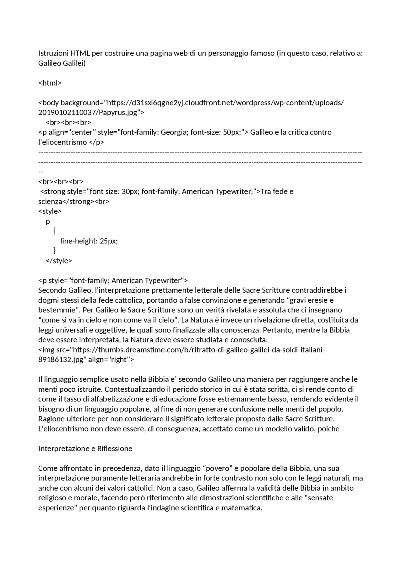 Istruzioni HTML per costruire una pagina web su un personaggio famoso | Esercizi di Informatica ...