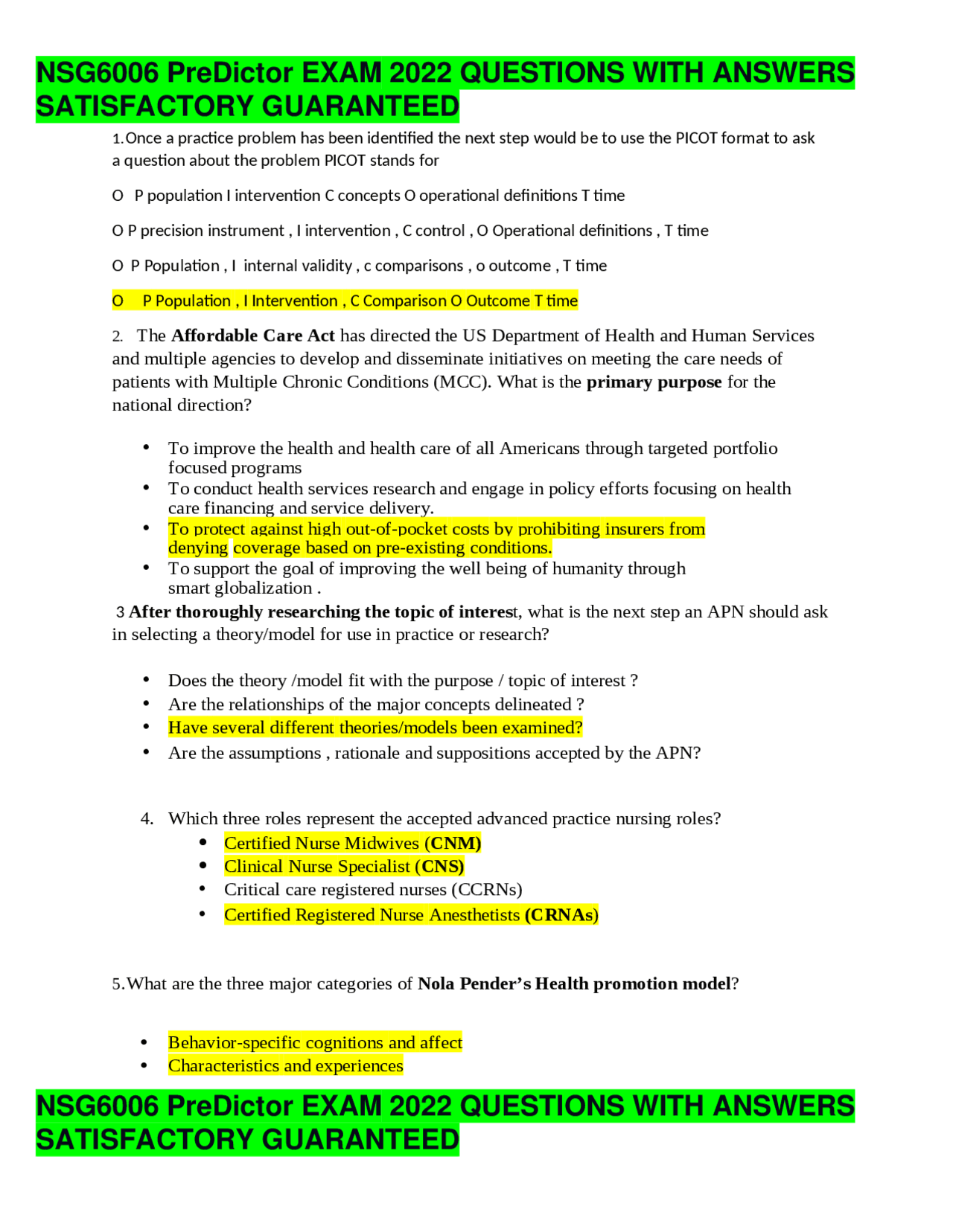 NSG6006 PreDictor EXAM 2022 QUESTIONS WITH ANSWERS SATISFACTORY ...