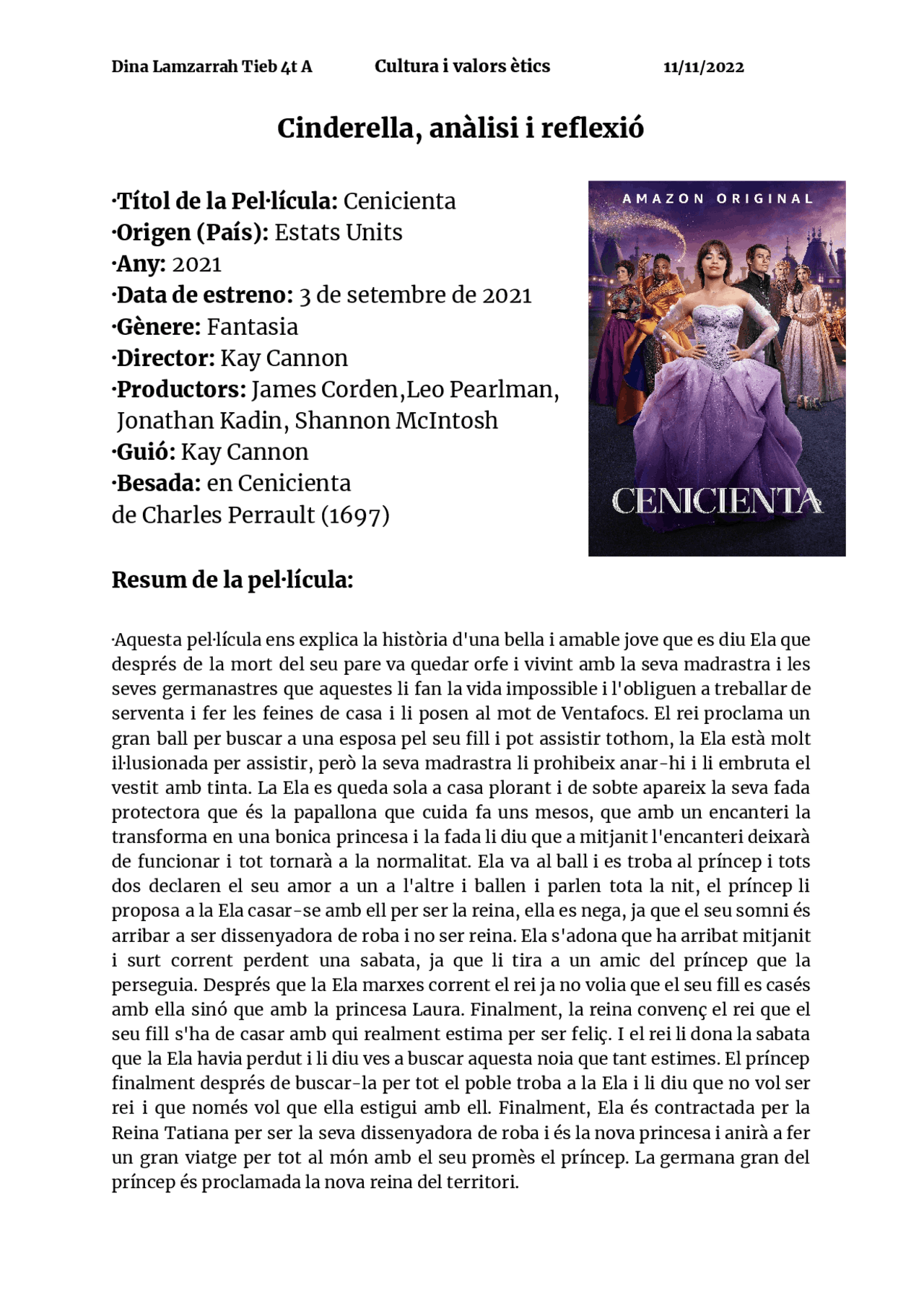 Trabajo Lengua Cinderella | Ejercicios de Lengua y Literatura | Docsity