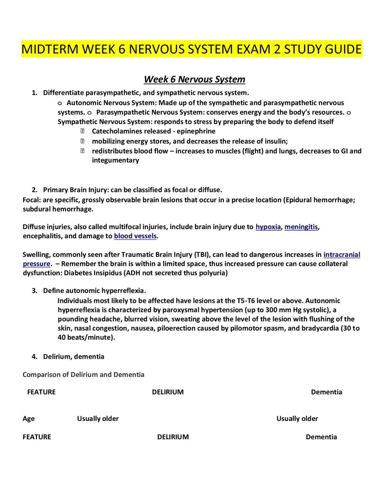 MIDTERM WEEK 6 NERVOUS SYSTEM EXAM 2 STUDY GUIDE | Exams Nursing | Docsity