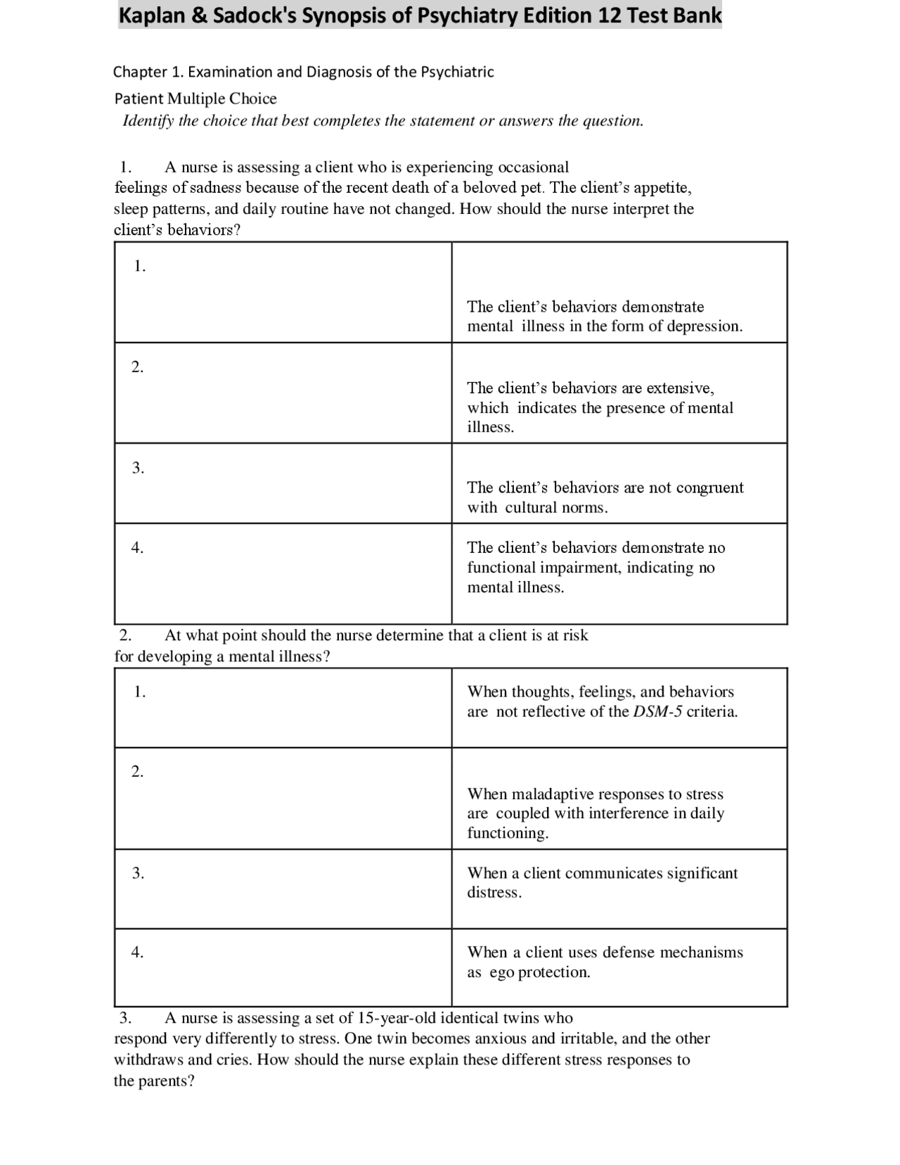 Kaplan & Sadock's Synopsis of Psychiatry Edition 12 Test Bank | Exams ...