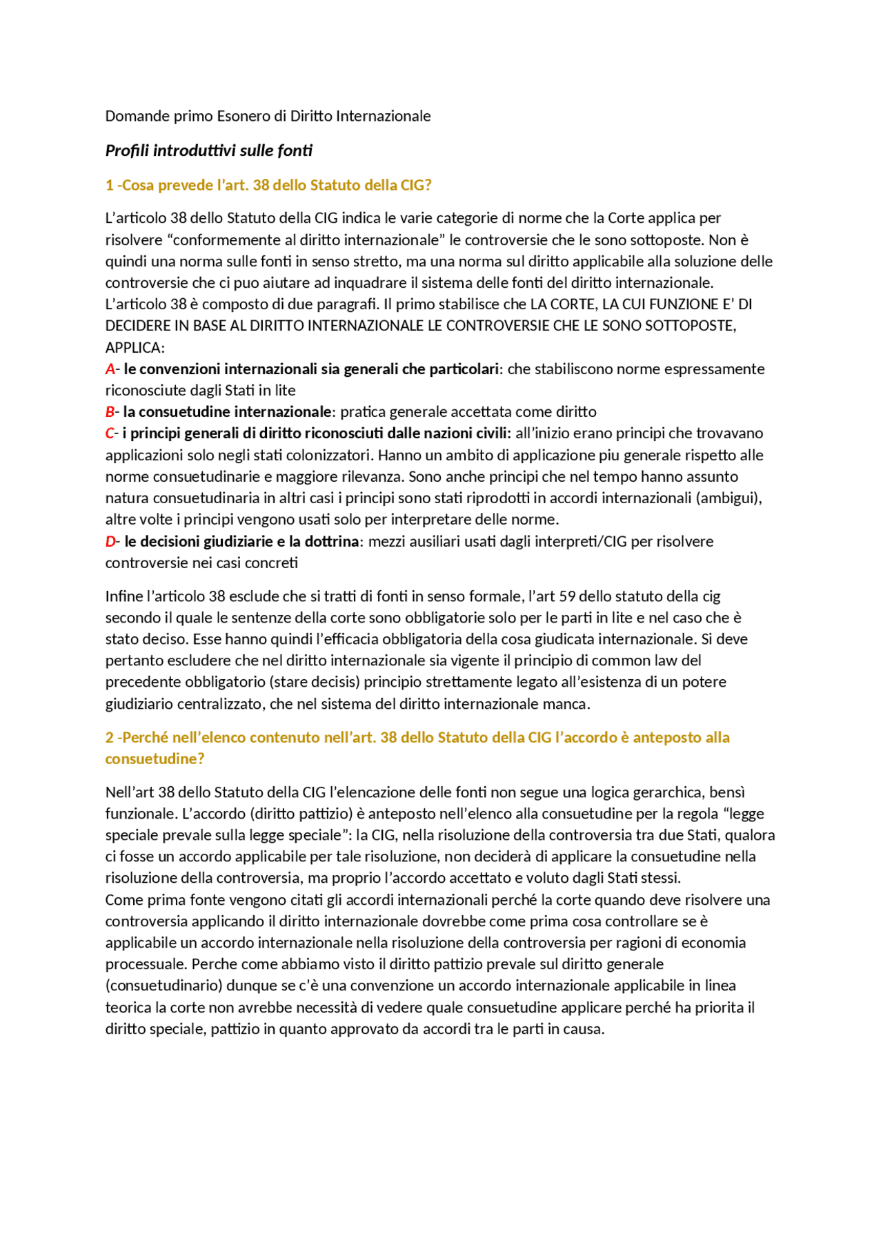 Domande primo Esonero di Diritto Internazionale | Prove d'esame di Diritto Internazionale | Docsity
