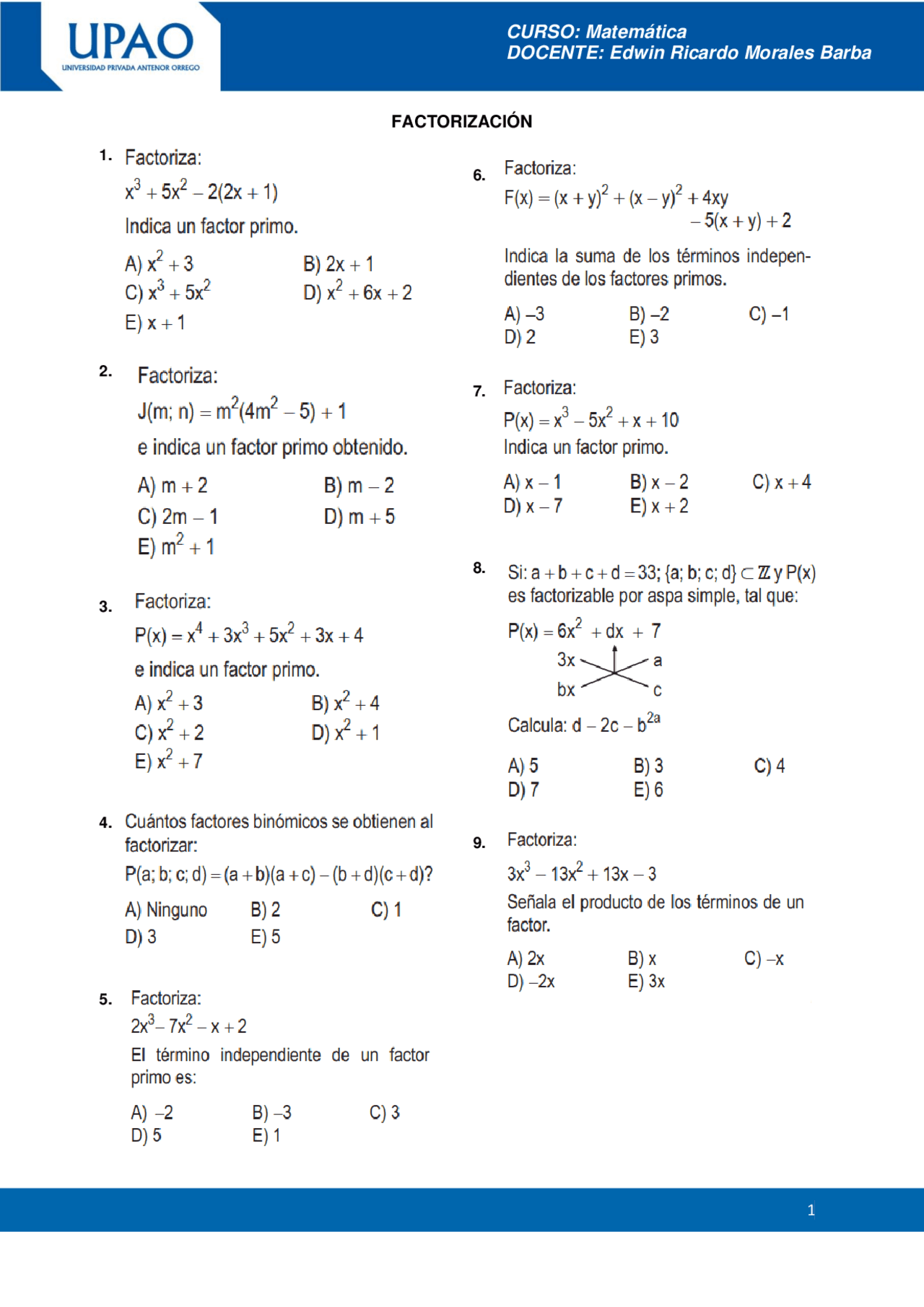 Hoja de ejercicios 1 | Esercizi di Matematica Generale | Docsity