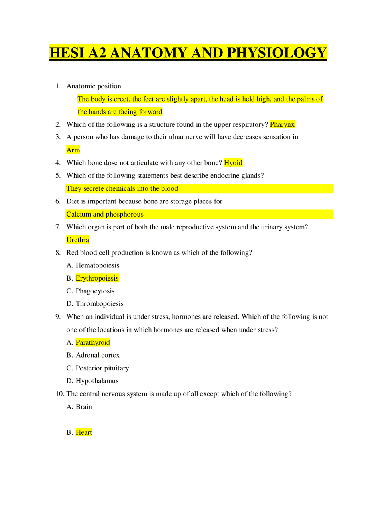 HESI A2 ANATOMY AND PHYSIOLOGY | Exams Nursing | Docsity